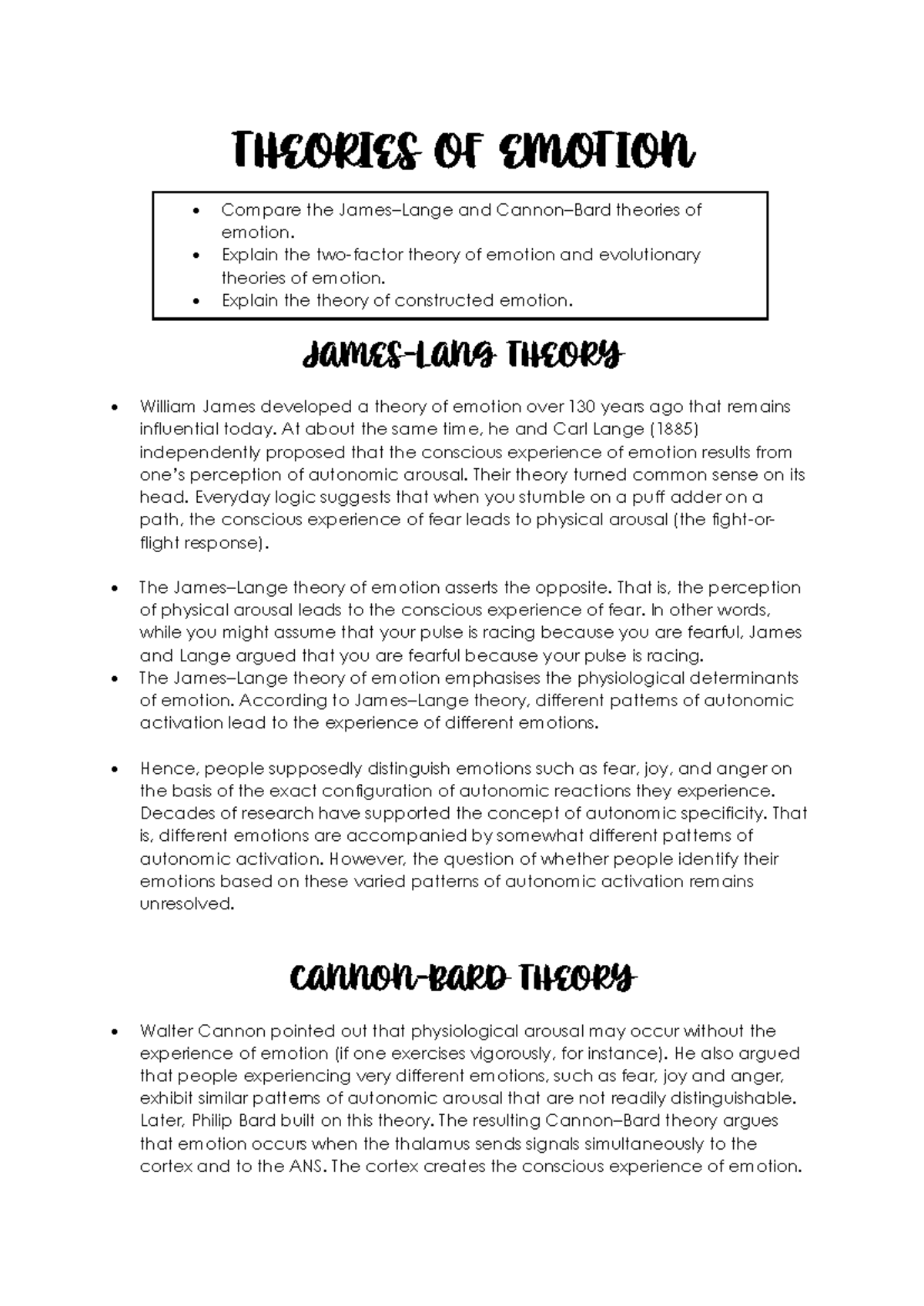THEORIES OF EMOTION: A COMPARATIVE ANALYSIS OF EMOTIONAL THEORIES - Studocu