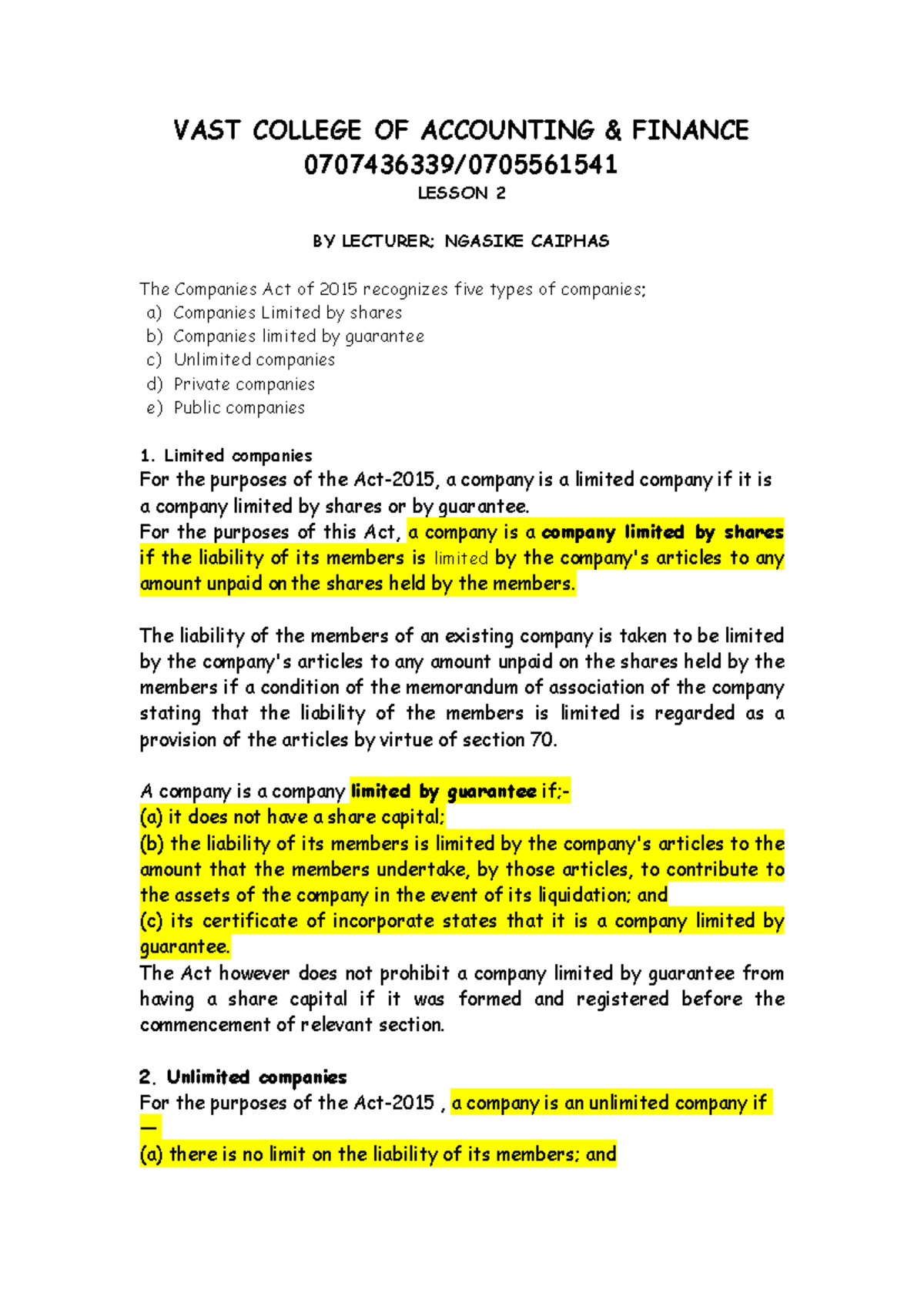 CL Lesson 2 - Overview of Company Types and Legal Framework - Studocu