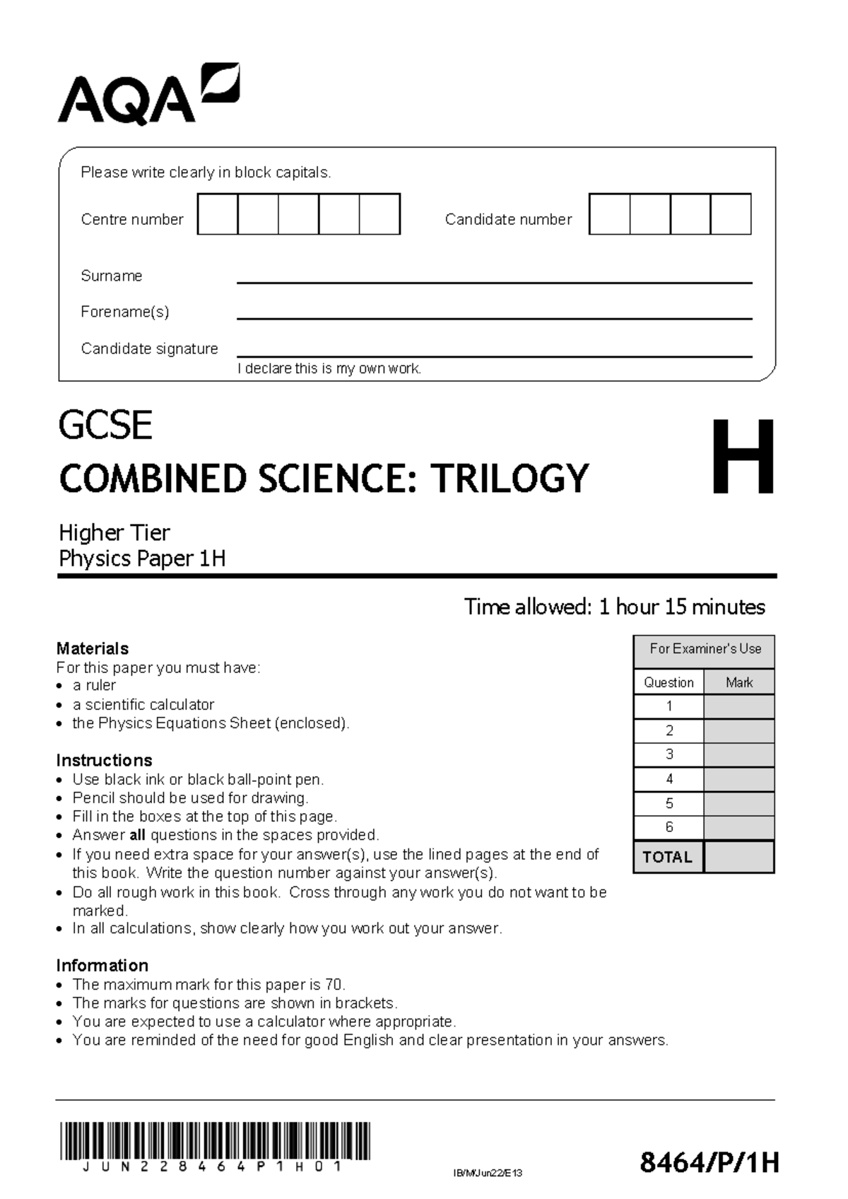 GCSE COMBINED SCIENCE: TRILOGY H Higher Tier Physics Paper 1H QP June ...