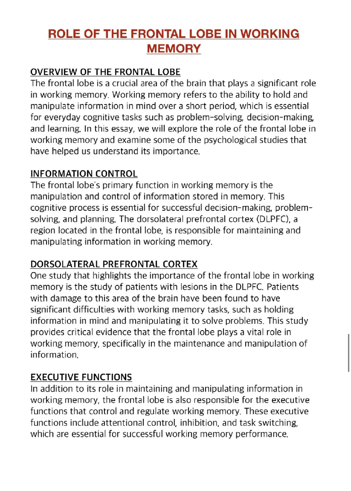 Summary: Role of the Frontal Lobe in Working Memory - 8640 - Studocu