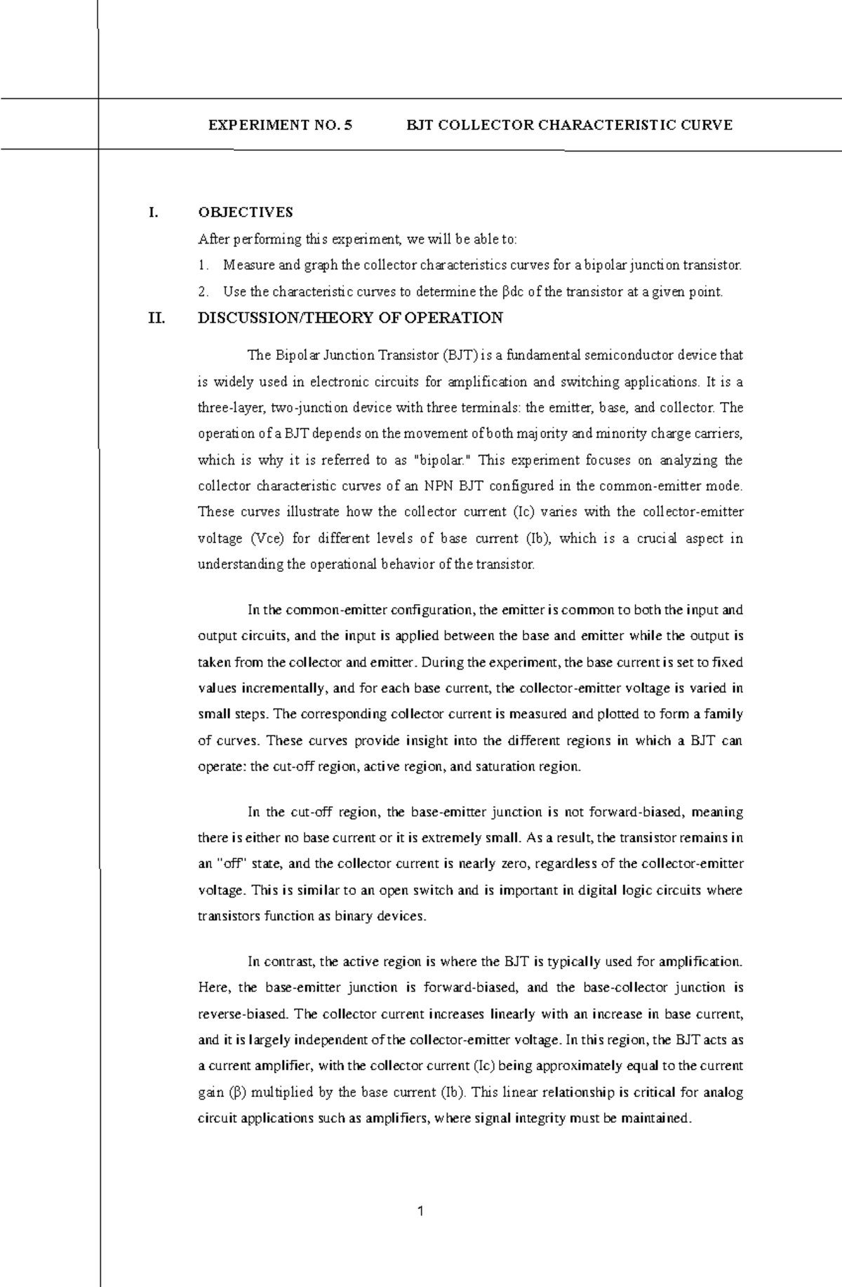 EXP5 - BJT Collector Characteristic Curve Analysis and Results - Studocu