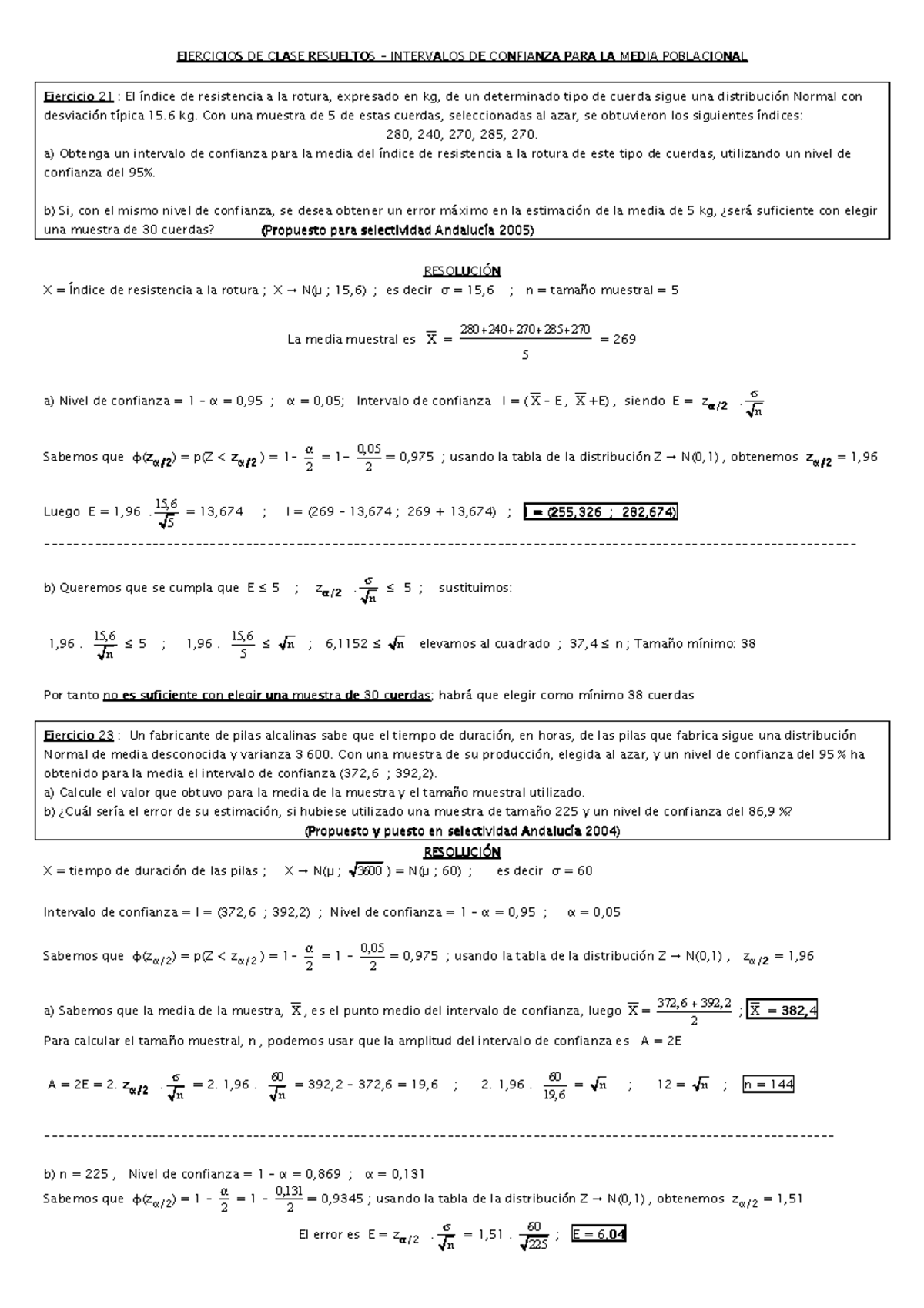 ejercicios clase resueltos-intervalos confianza - EJERCICIOS DE CLASE RESUELTOS EJERCICIOS DE ...