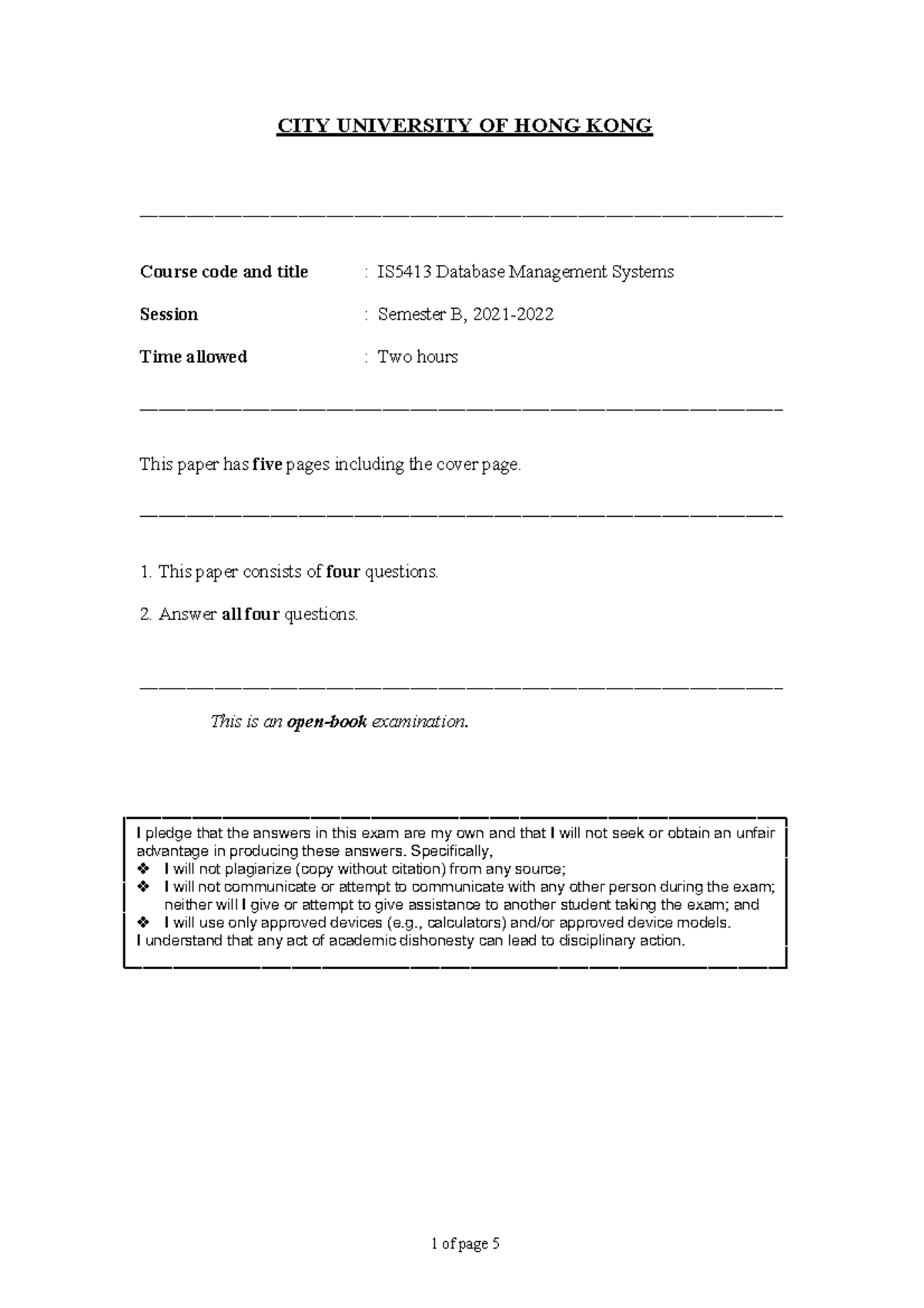 IS5413-2122B - Database Management Systems Exam Paper - Studocu
