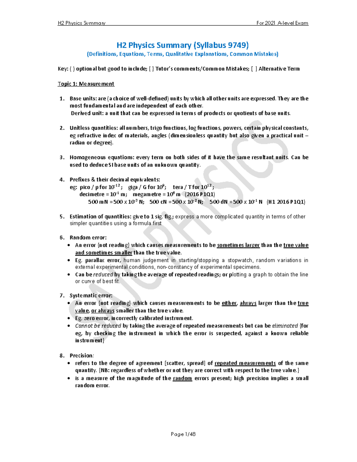 H2 Physics Summary for 2021 Exam (Syllabus 9749) - Key Concepts and ...