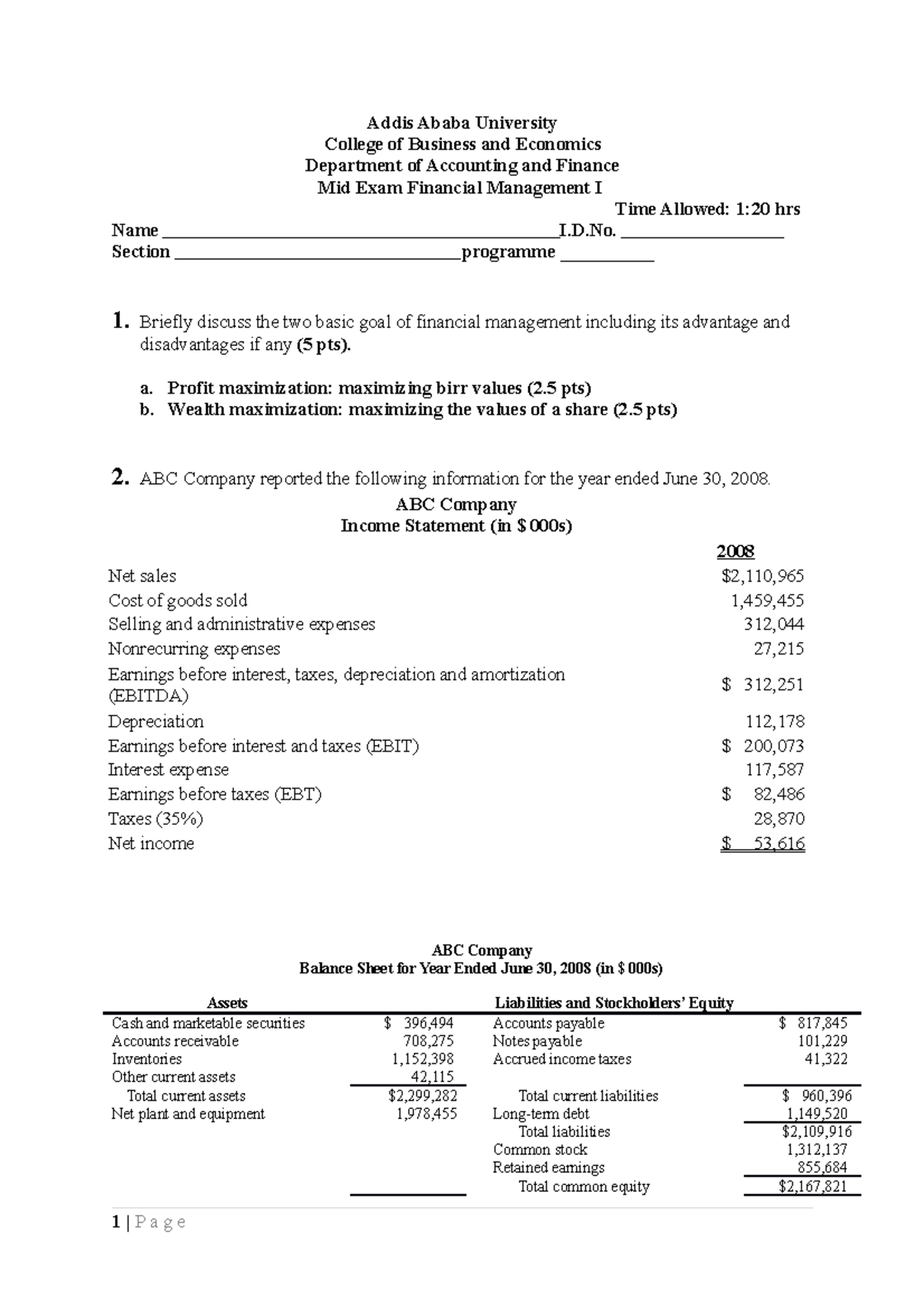 FM I Mid Exam 2022 - Financial Management Test and Answers - Studocu
