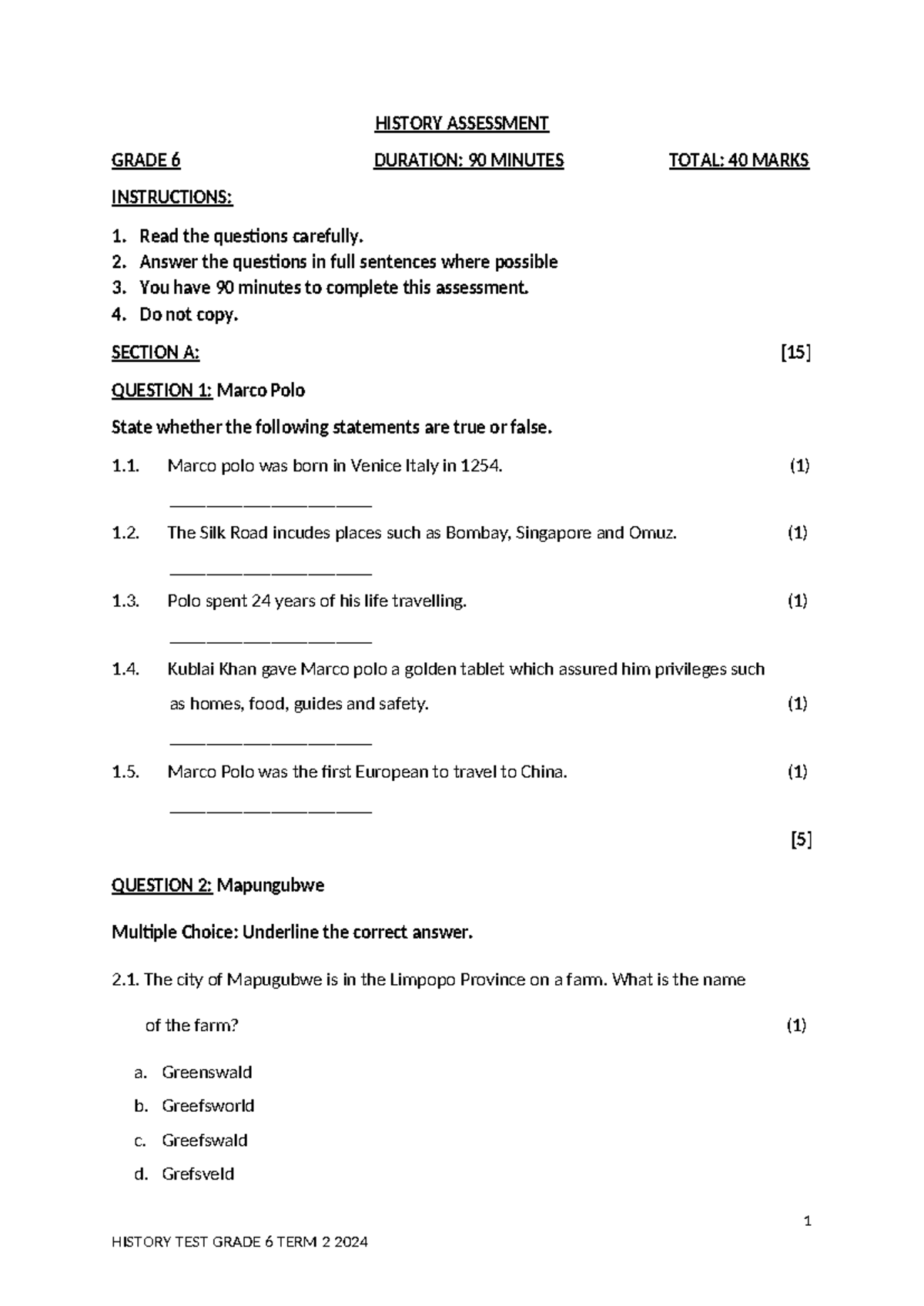 Grade 6 History Term 2 Assessment: Questions and Memo - Studocu