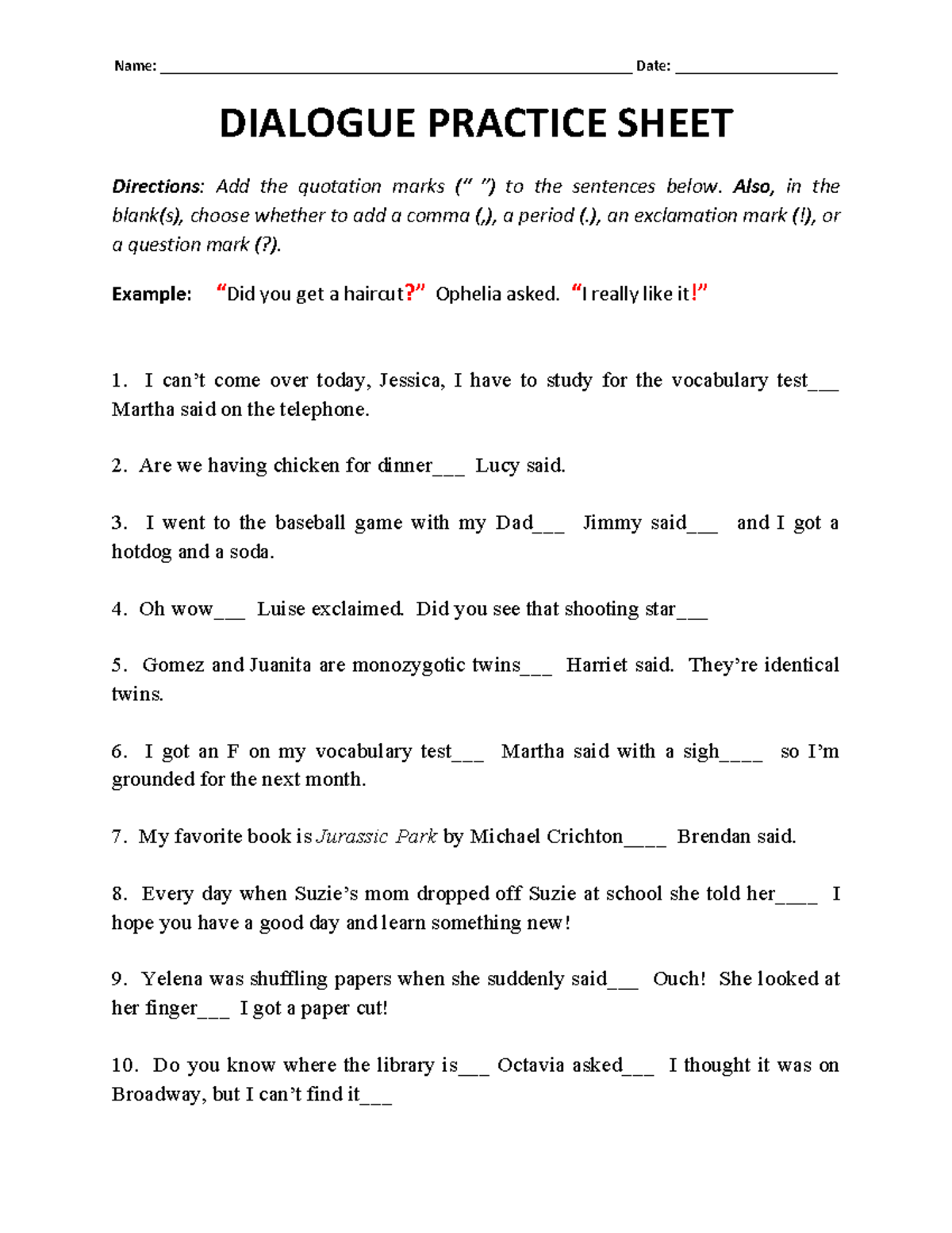 Dialogue Tags and End Punctuation Practice Worksheet-1 - Studocu