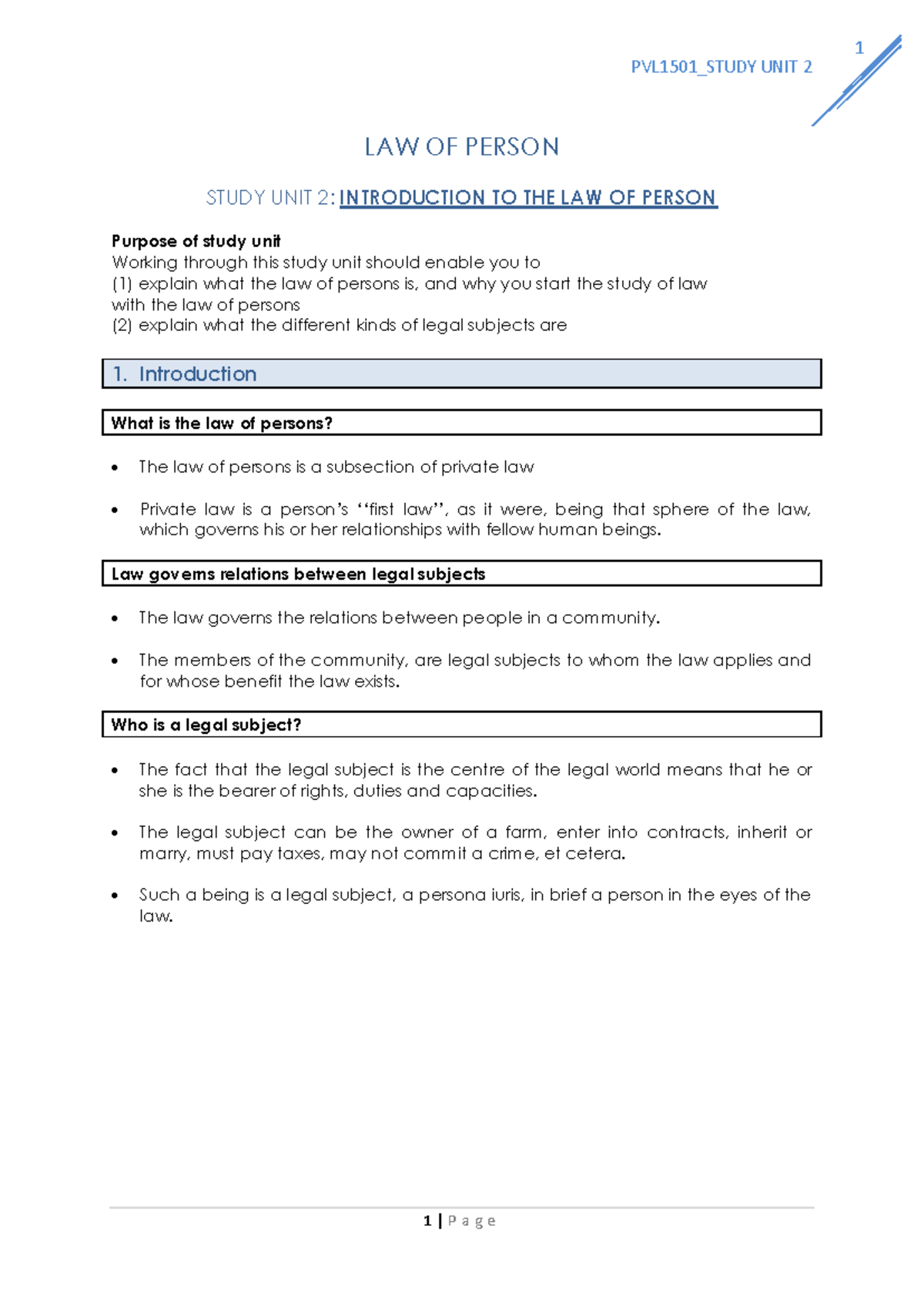 PVL1501 Study Unit 2: Intro to Law of Persons and Legal Subjects - Studocu