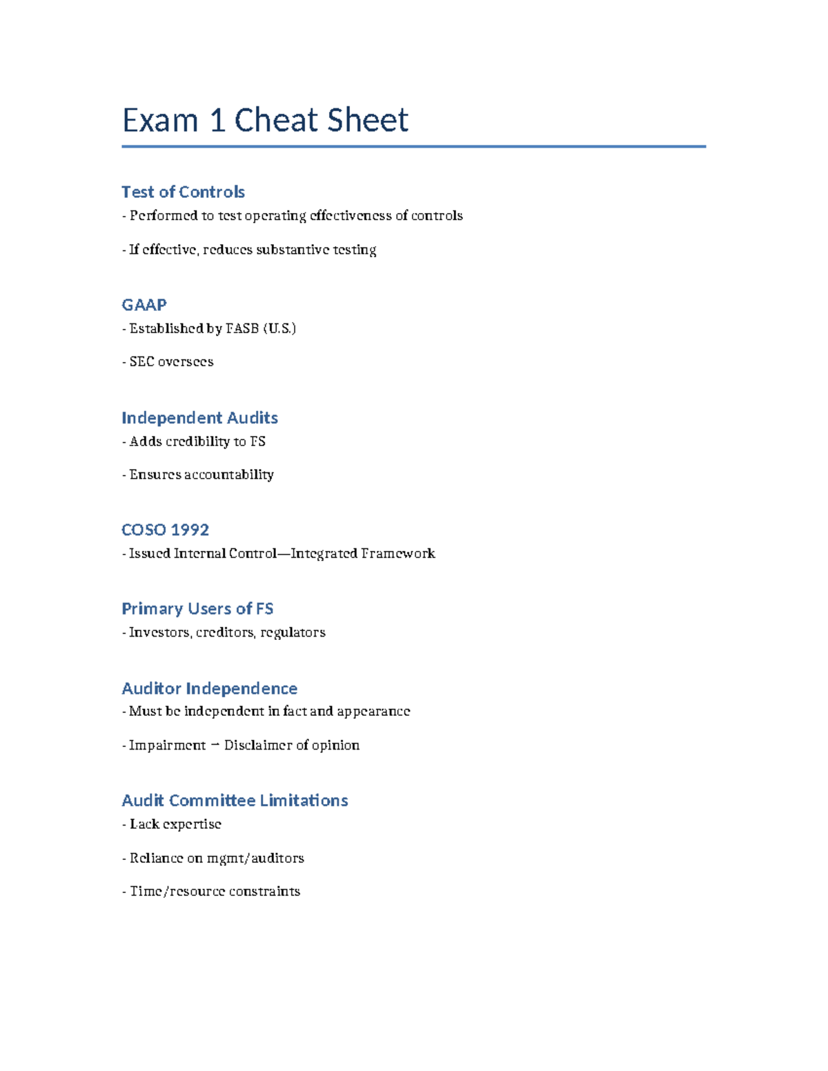 Audit 1 Exam Cheat Sheet: Key Concepts & Control Frameworks - Studocu