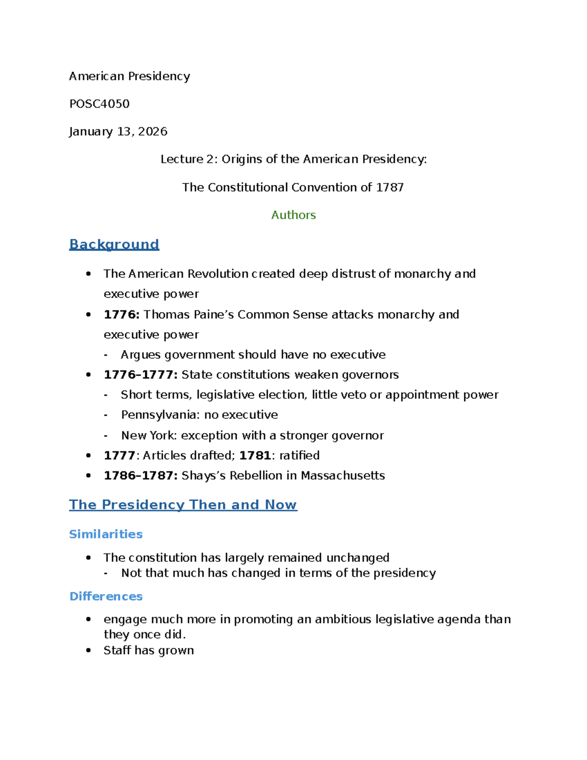 POSC4050 January 13, 2026 Lecture 2: Origins of the American Presidency ...