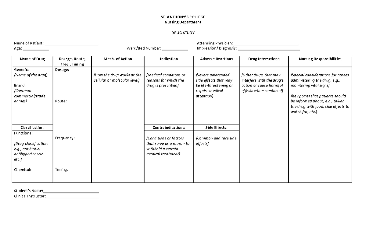 NUR 101 Drug Study Form: Patient Info & Nursing Considerations - Studocu