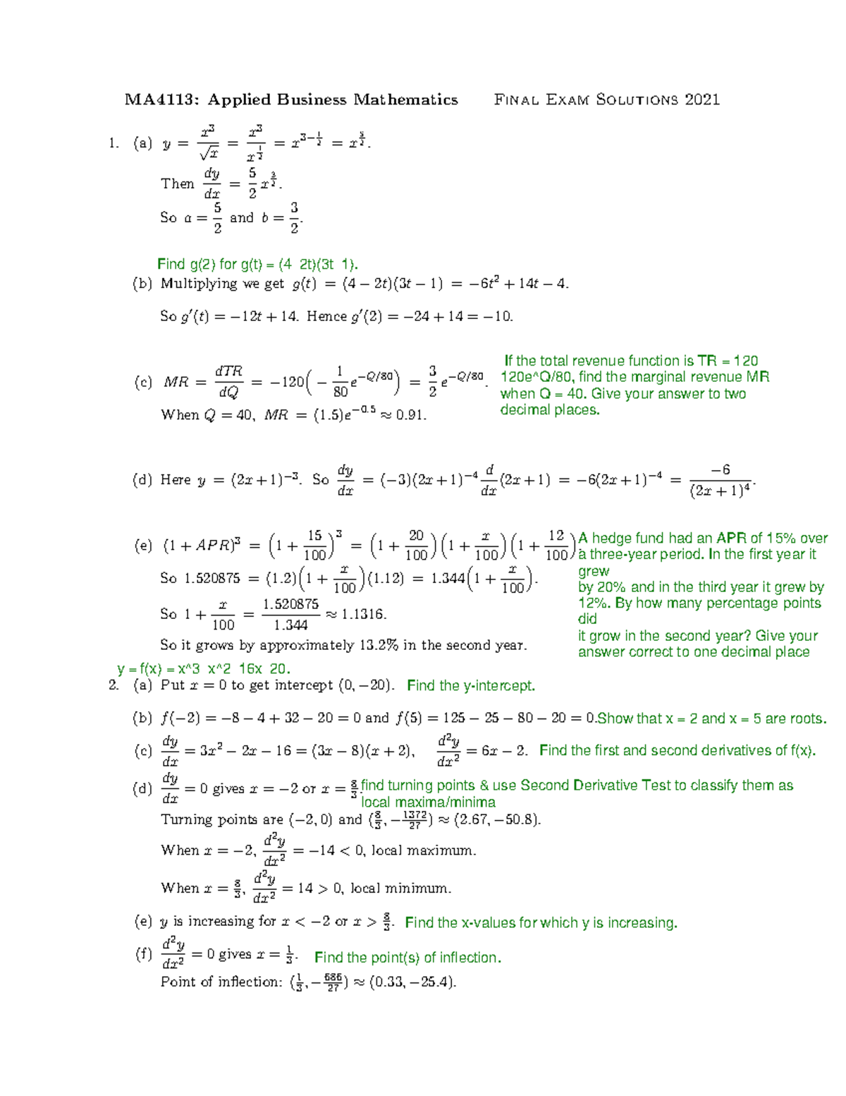 MA4113 Final Exam Solutions 2021 - MA4113: Applied Business Mathematics ...