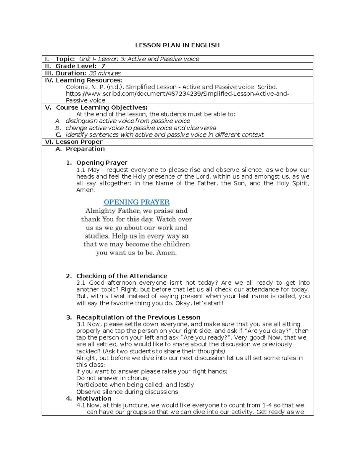 Lesson Plan In Passive and Active Voice - LESSON PLAN IN ENGLISH I ...
