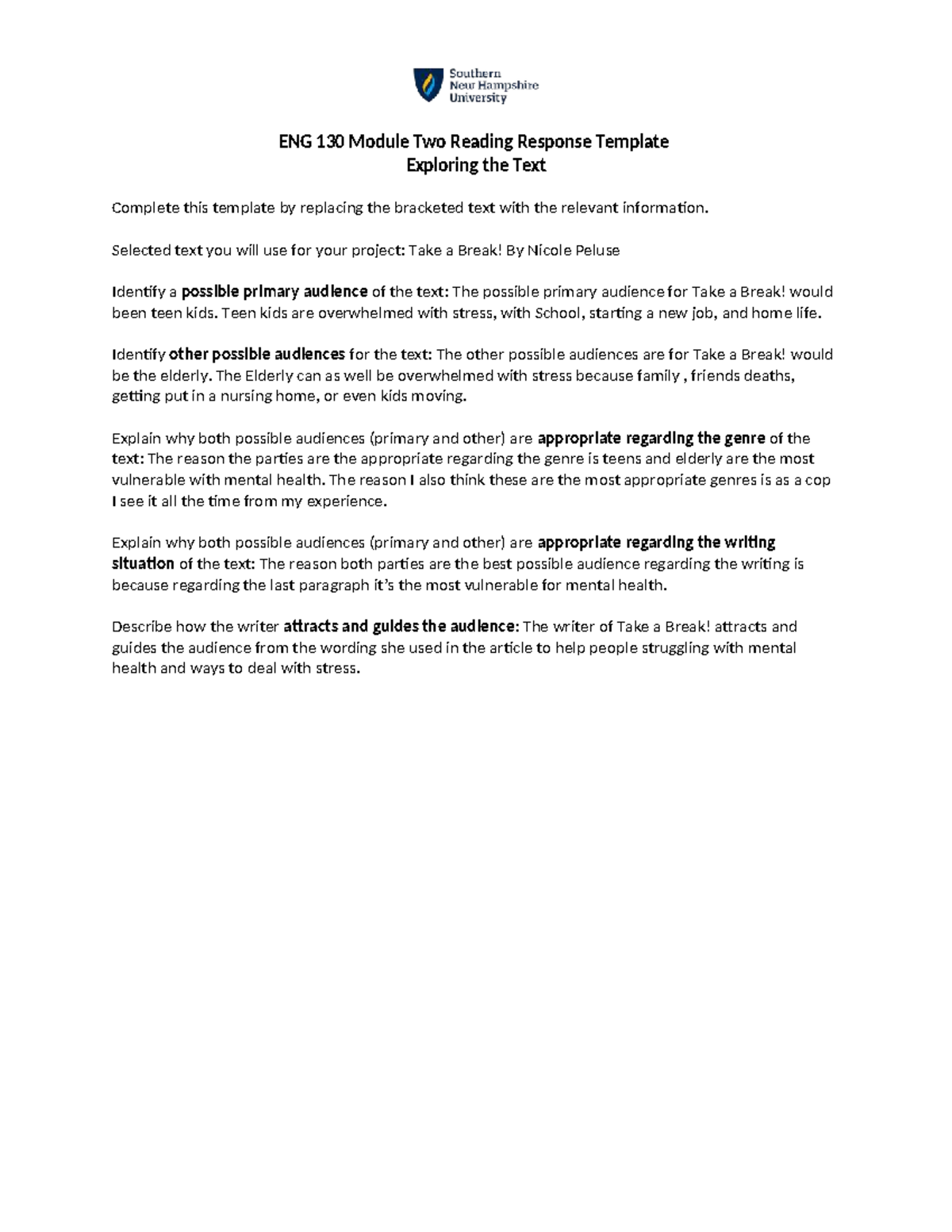 ENG 130 Week 2 Reading Response: Exploring "Take a Break!" - Studocu