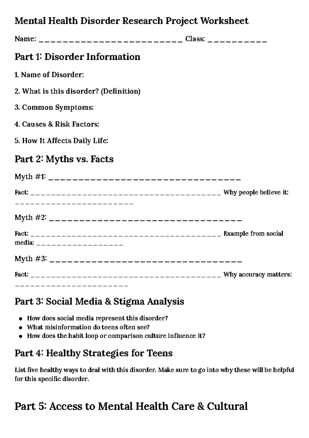Mental Health Disorder Research Project Worksheet - Studocu