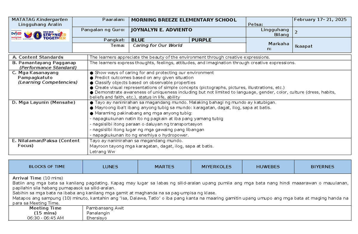 MBES Matatag Kindergarten Q4 Week 2 Lesson Plan: Caring for Our World ...