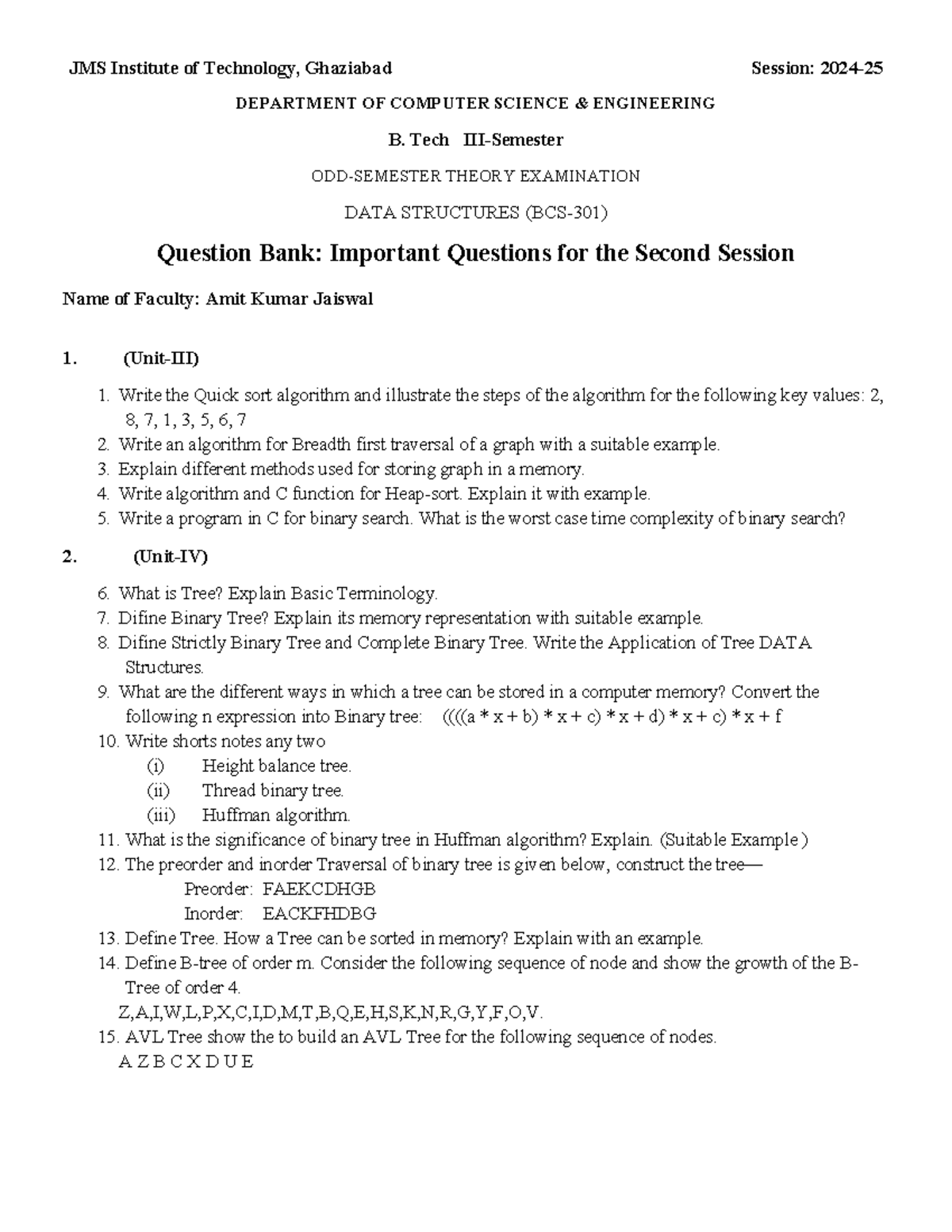 Important Data Structures Questions for BCS-30 1 (2024-25) Session ...
