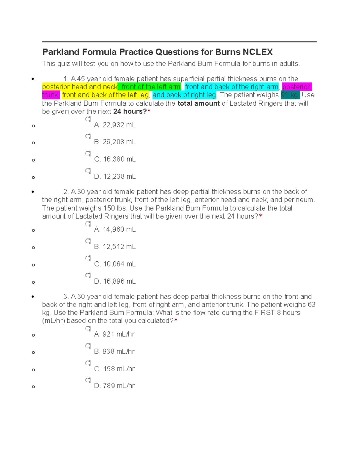 Parkland Formula NCLEX Quiz: Practice Questions for Burn Assessment ...