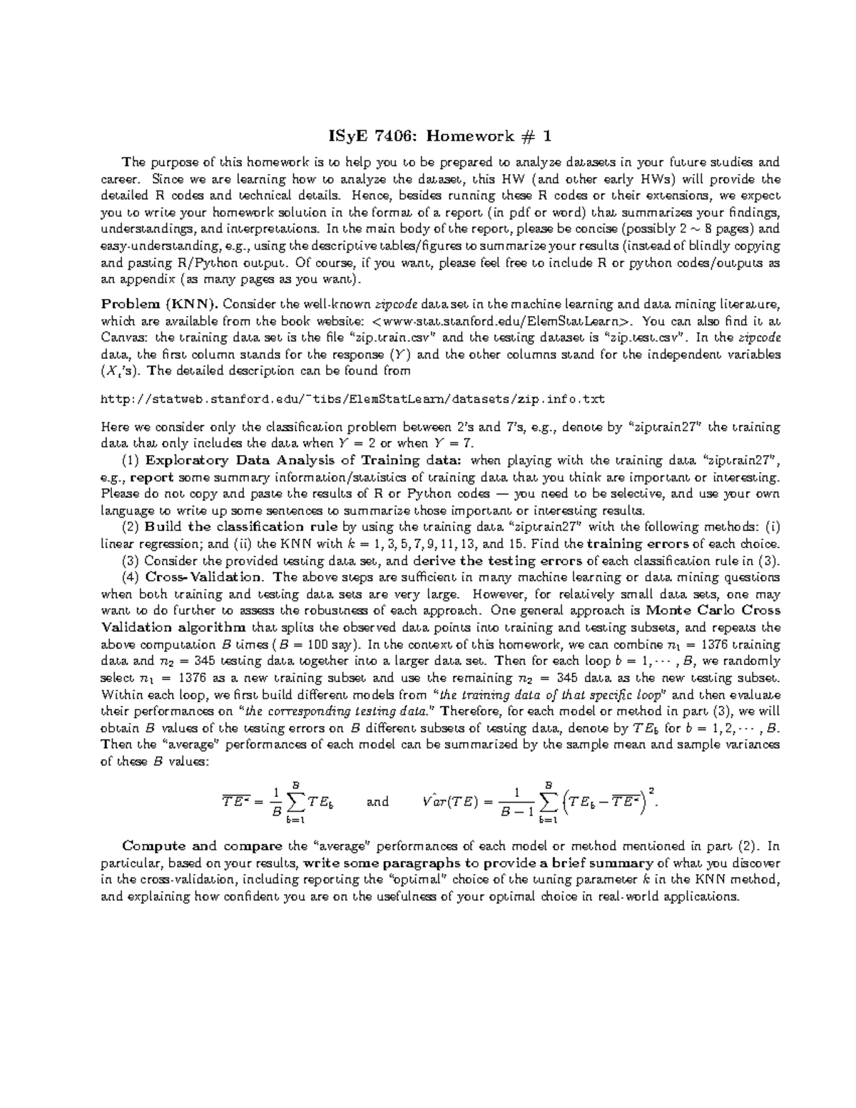 ISyE 7406 - Homework #1: Dataset Analysis and KNN Classification Techniques - Studocu