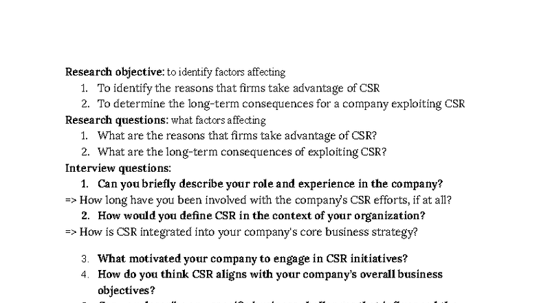 Assignment BRM - Exploring CSR Factors and Impacts on Firms - Studocu