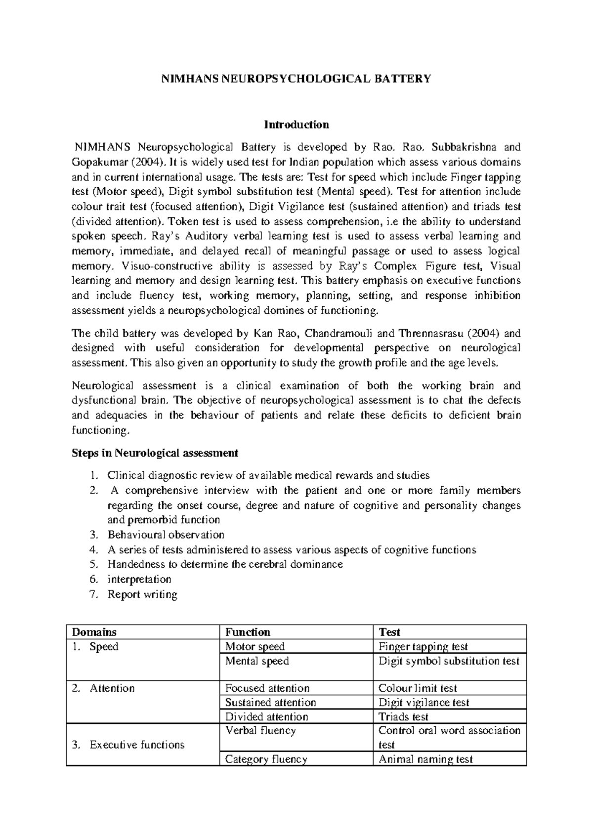 NIMHANS Neuropsychological Battery Overview and Assessment Guide - Studocu