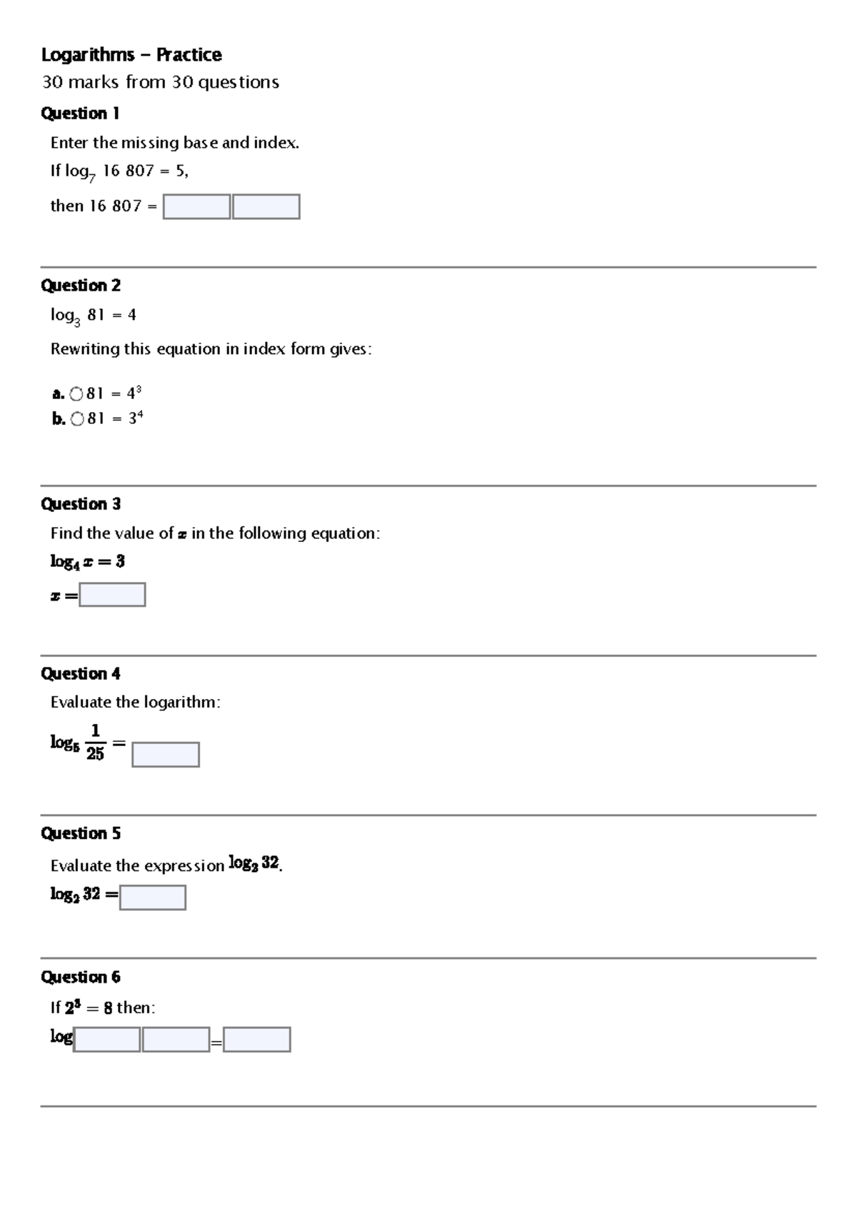 Logarithms Practice: 30 Questions for Mastery - Studocu