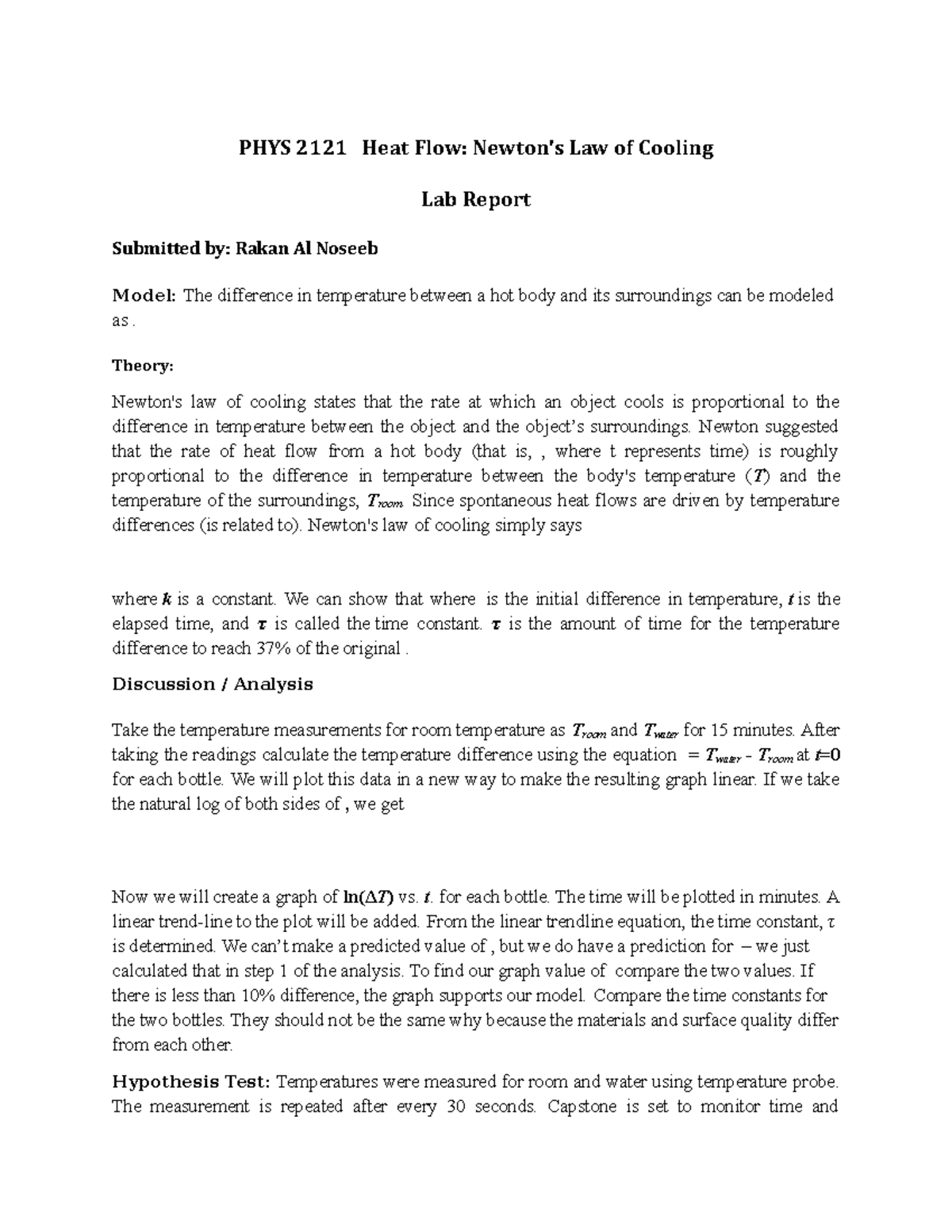 Lab Report: PHYS 2121 - Newton's Law of Cooling Experiment Insights ...