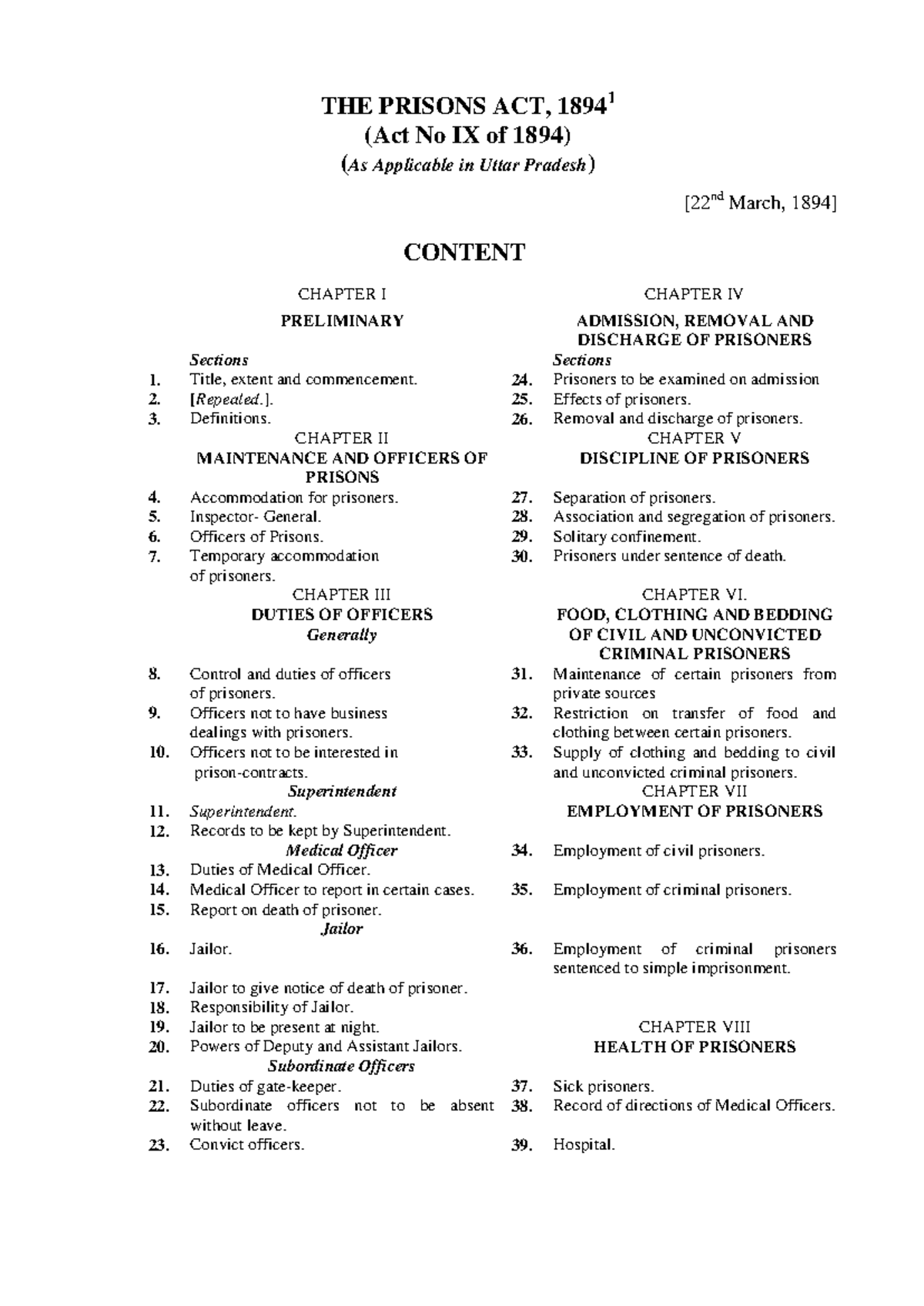 Prisons Act, 1894: Comprehensive Overview for U.P. Implementation - Studocu