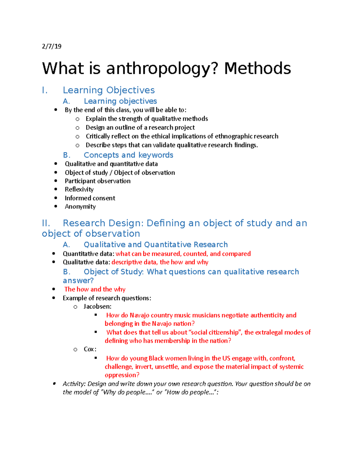 2 7 lecture notes - 2/7/ What is anthropology? Methods I. Learning ...