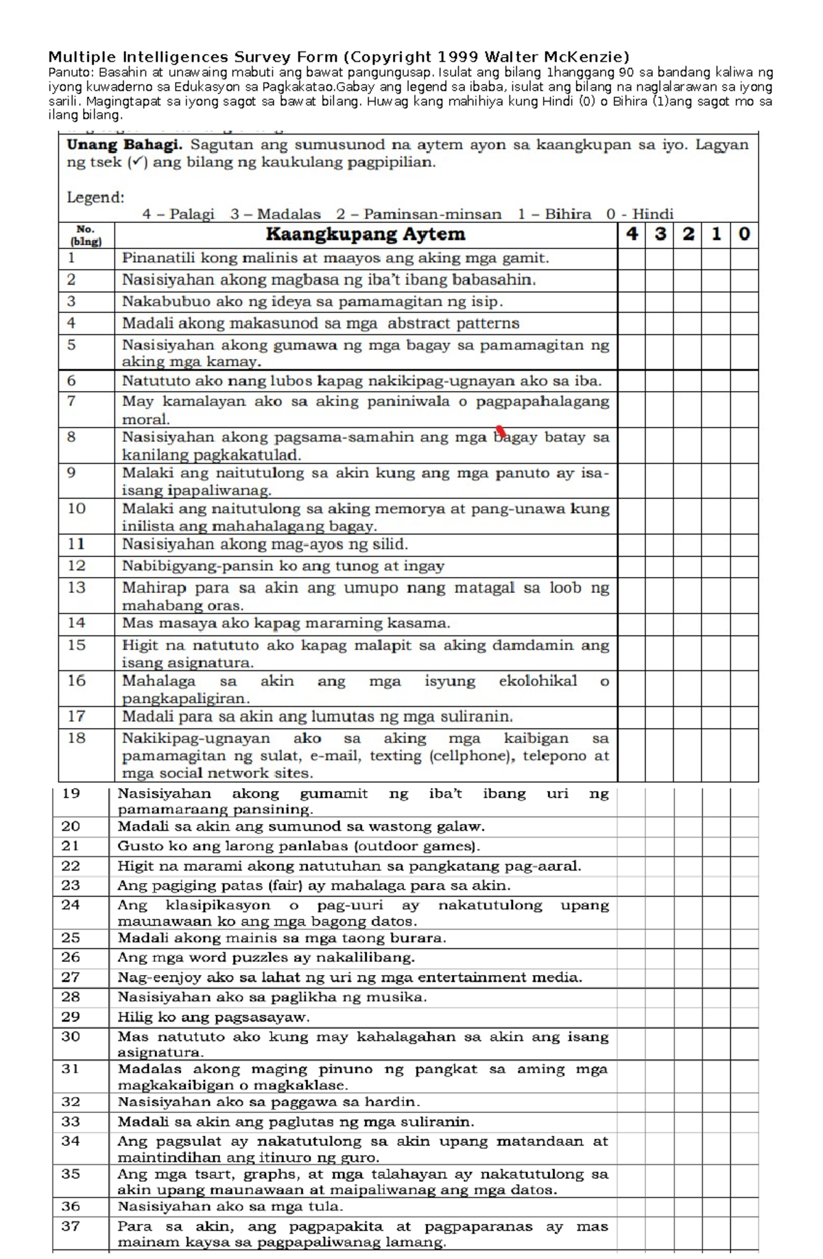 MI Checklist ETC - MULTIPLE INTELLIGENCE SURVEY - Edukasyon sa ...
