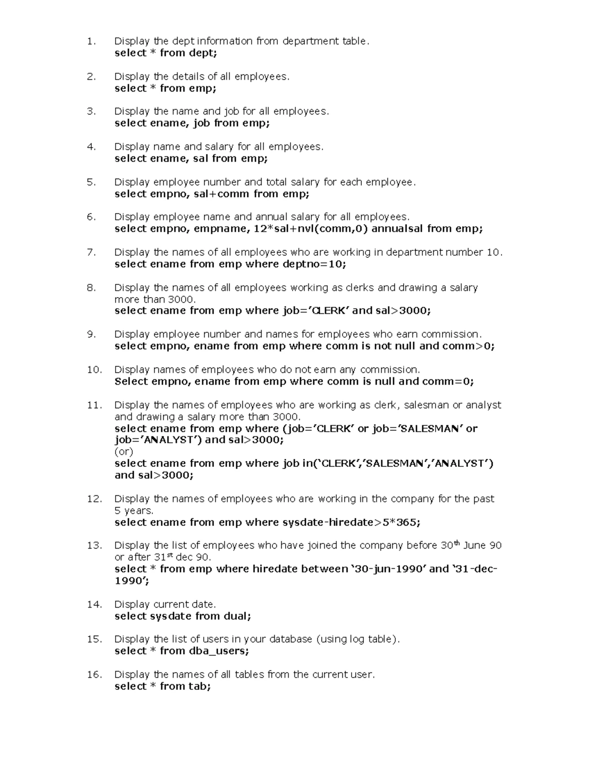 SQL Queires - Display the dept information from department table ...
