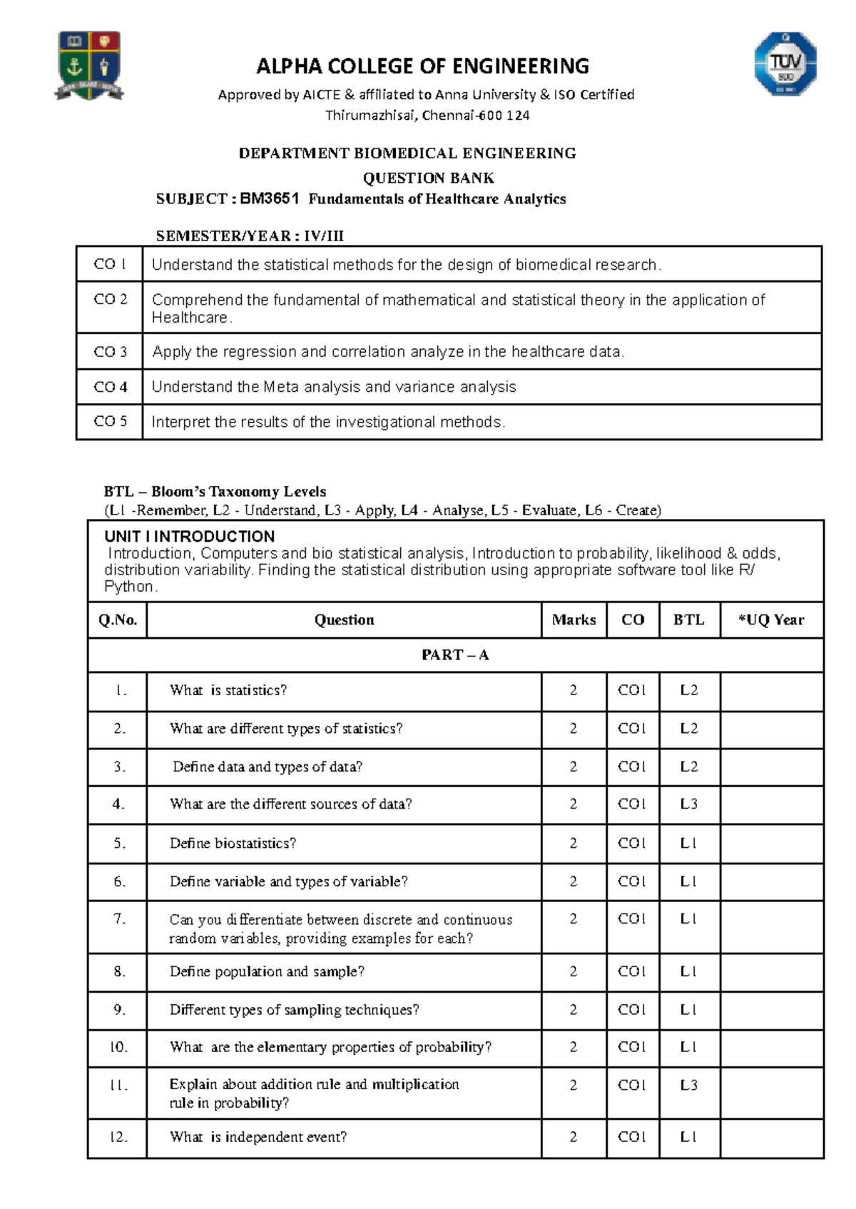 BM3651 Fundamentals of Healthcare Analytics Question Bank - Studocu