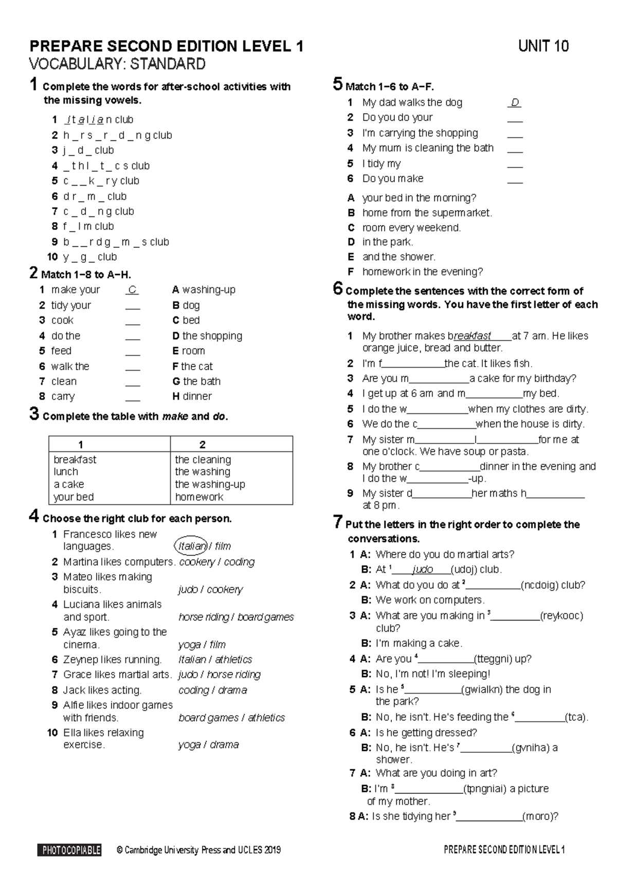 Prepare 1 Vocabulary: Standard Unit 10 Activities and Exercises - Studocu