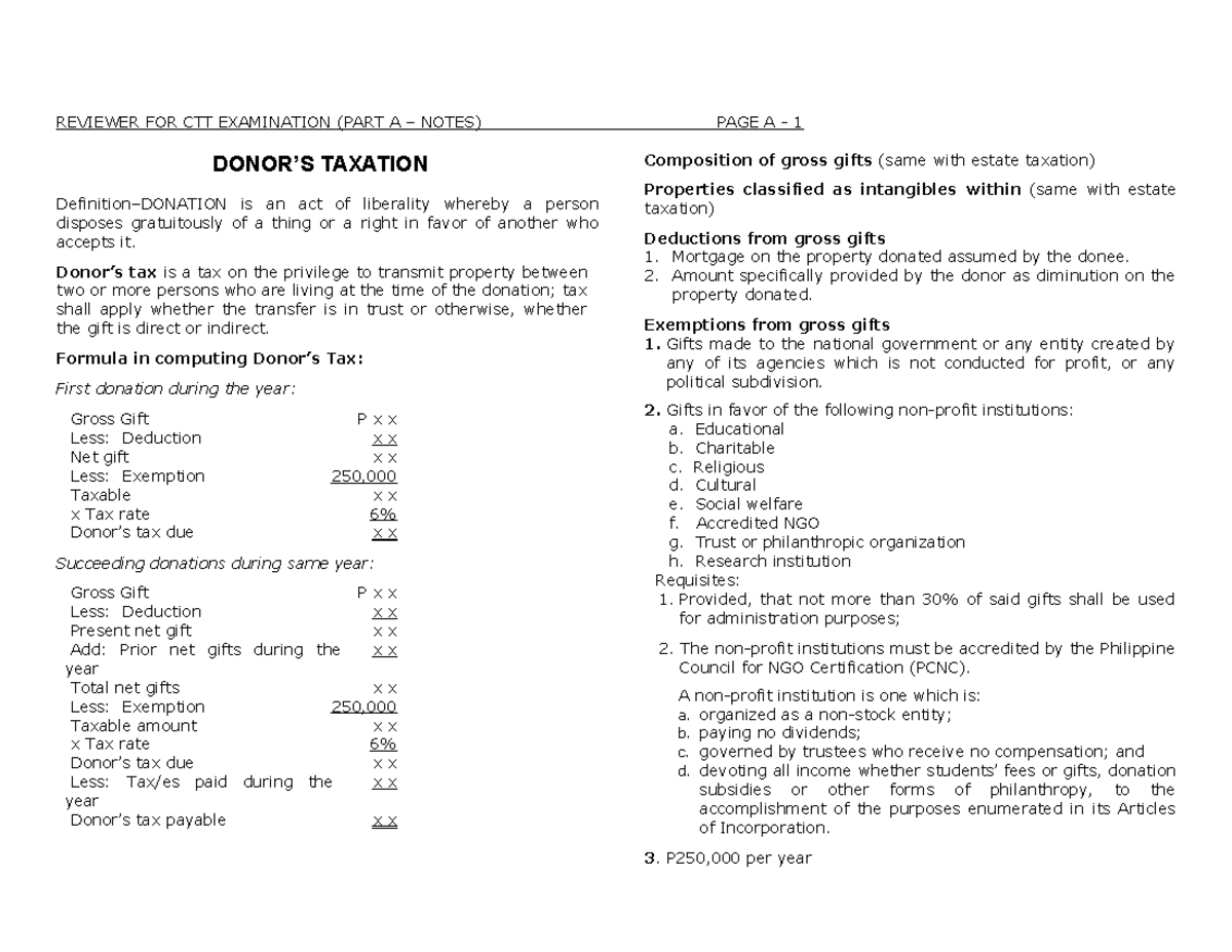 Donor's Taxation Overview - CTT Exam Review Notes - Studocu