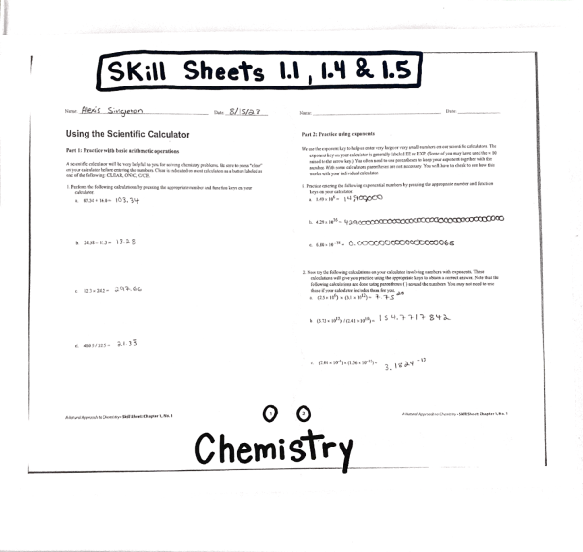 Chemistry Homework: Skill Sheet on Scientific Calculator Use - Studocu