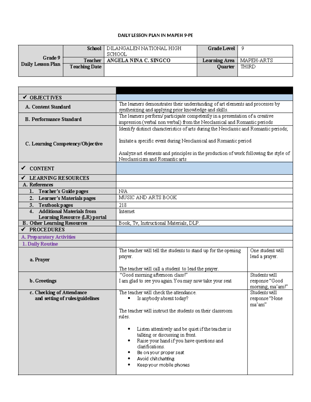 Grade 9 MAPEH Daily Lesson Plan: Neoclassical & Romantic Arts - Studocu