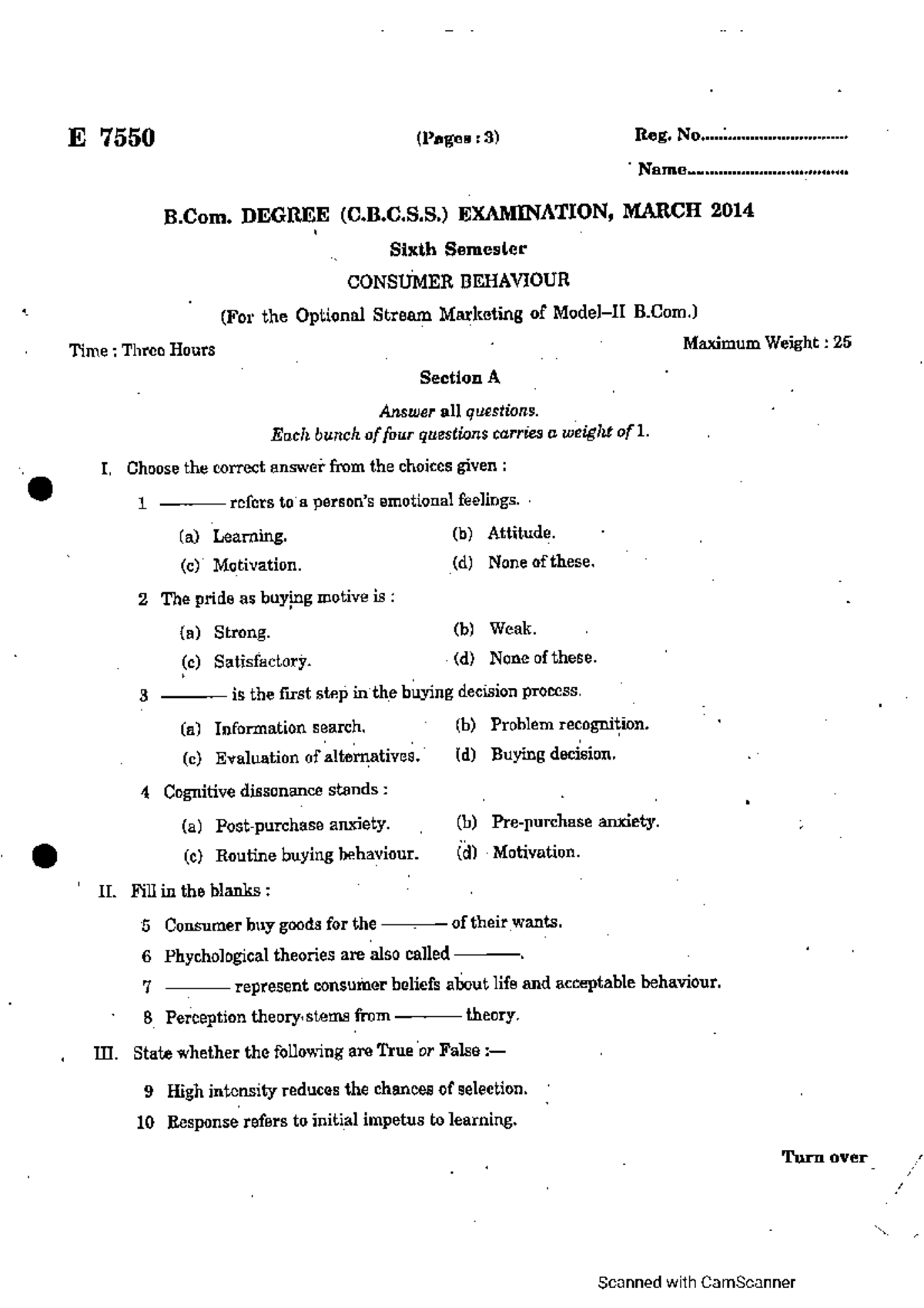 B.Com 6th Sem Consumer Behaviour Exam E 7550 March 2014 Notes - Studocu