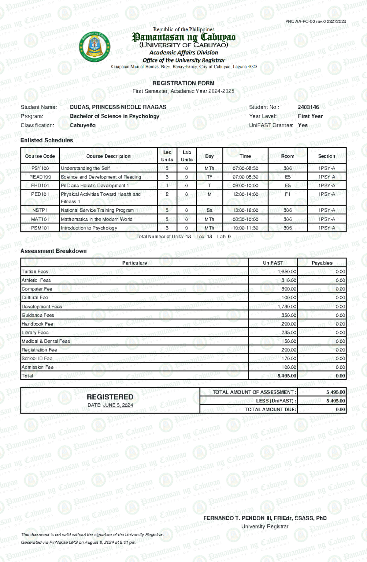 Registration Form - 1st Sem A.Y. 2024-2025 - Student No. 2403146 - Studocu