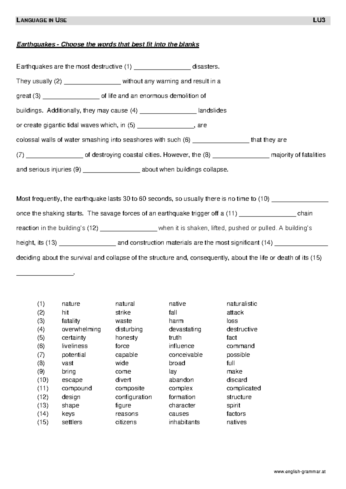 LANGUAGE IN USE LU3: Earthquakes Fill-in-the-Blanks Exercise - Studocu