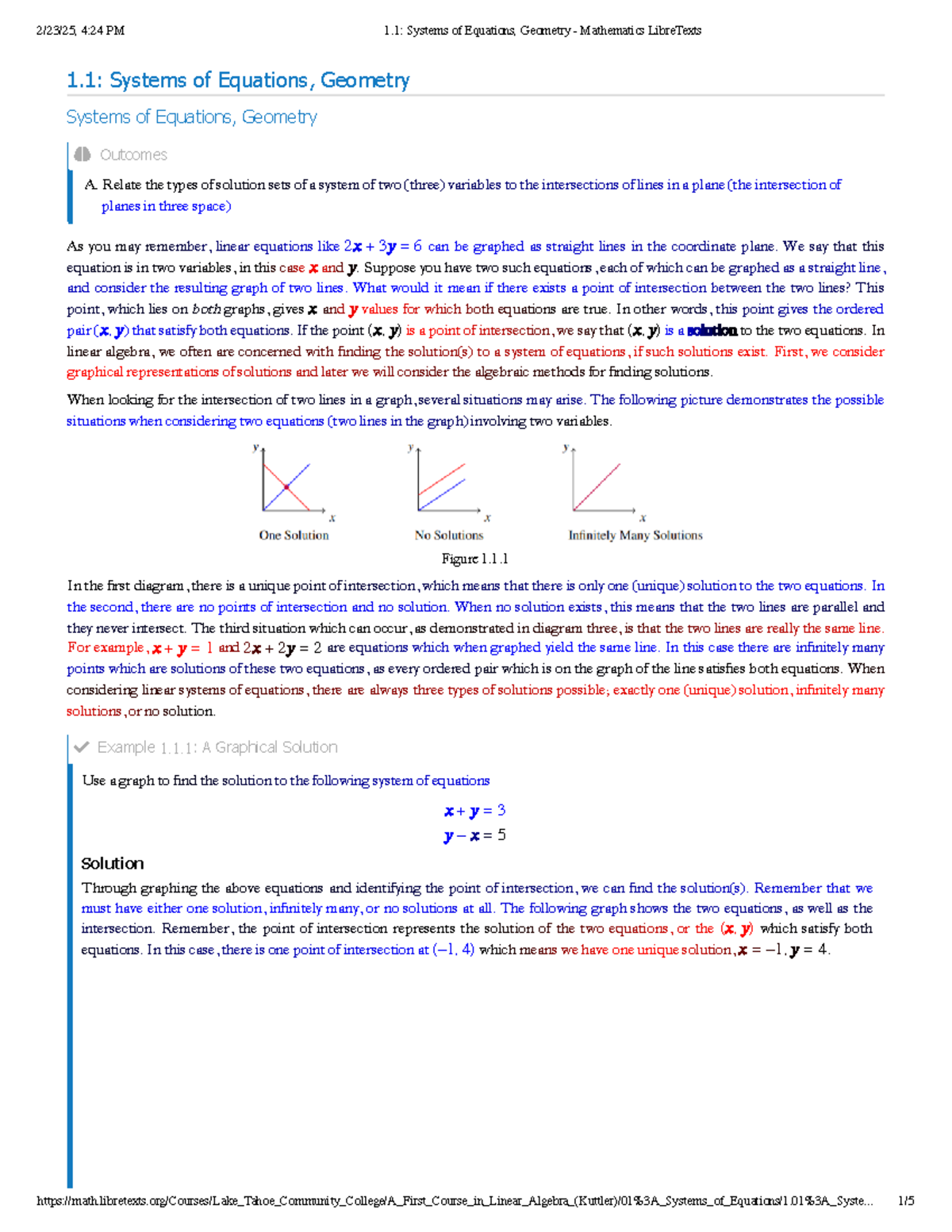 1.1: Geometric Solutions of Systems of Equations - Linear Algebra - 1 ...