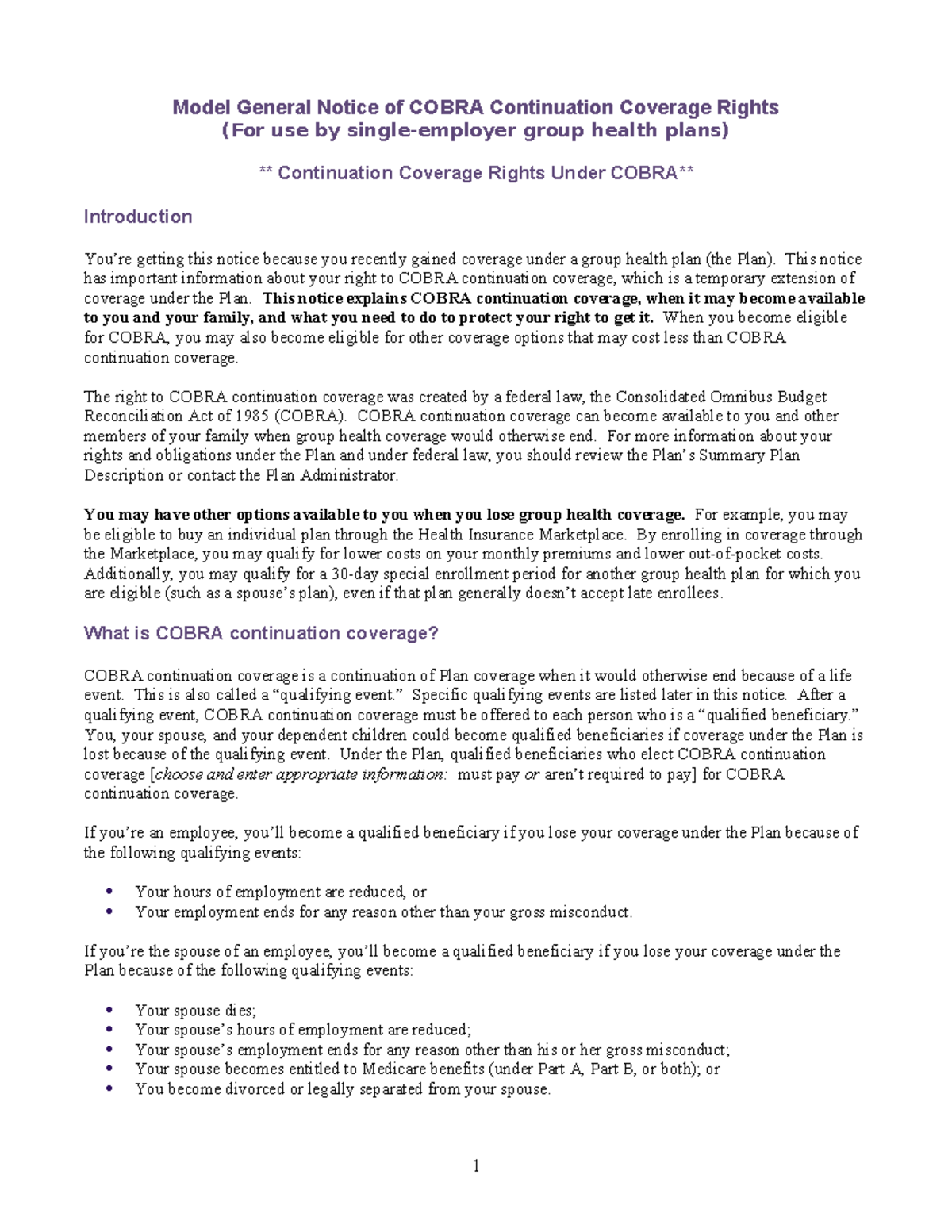 Model General Notice of COBRA Continuation Coverage Rights - Studocu