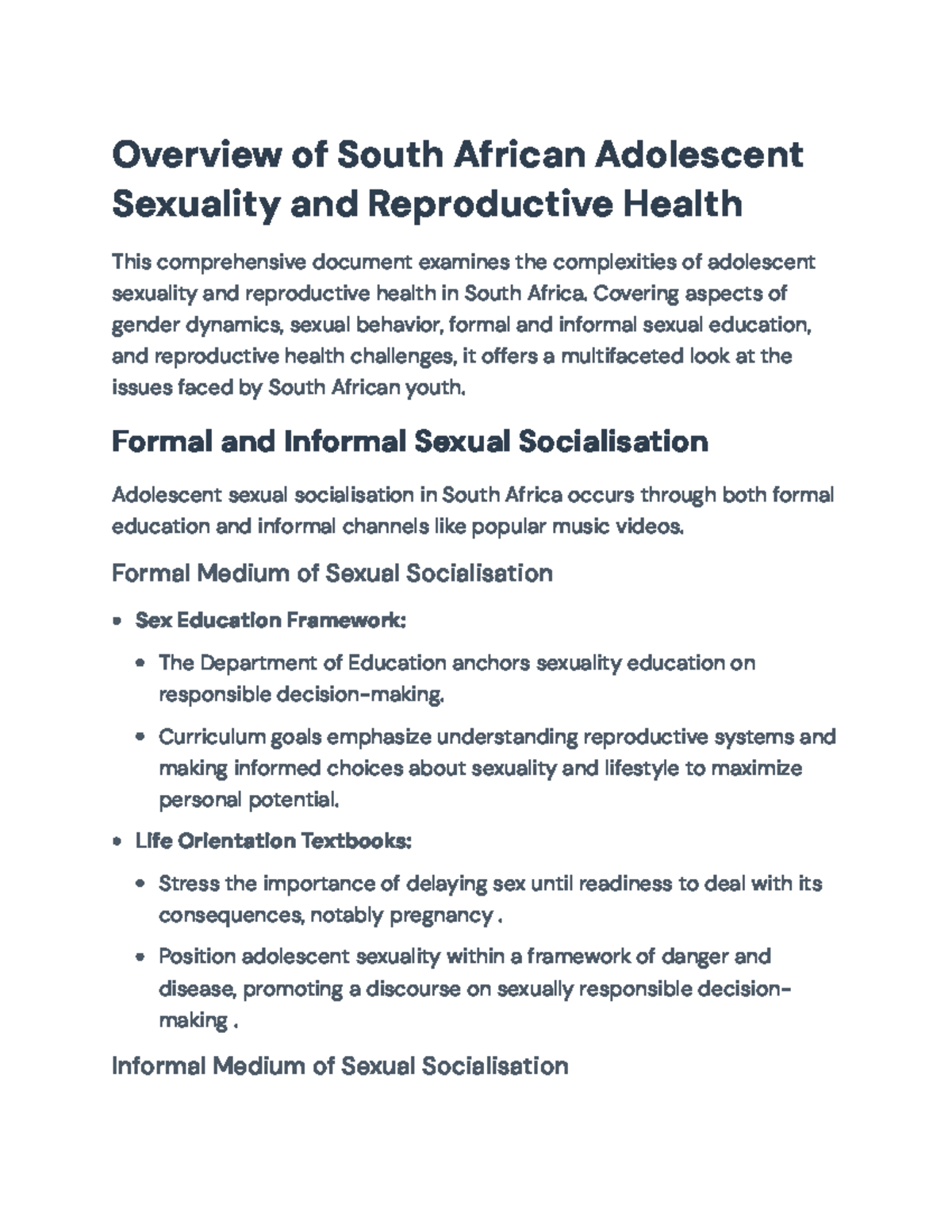 Overview of SA Adolescent Sexuality & Reproductive Health Issues - Studocu