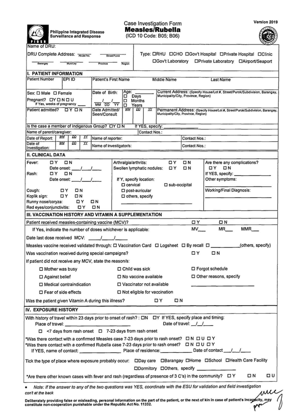 Revised Case Investigation Form for Measles-Rubella (2019) - Studocu