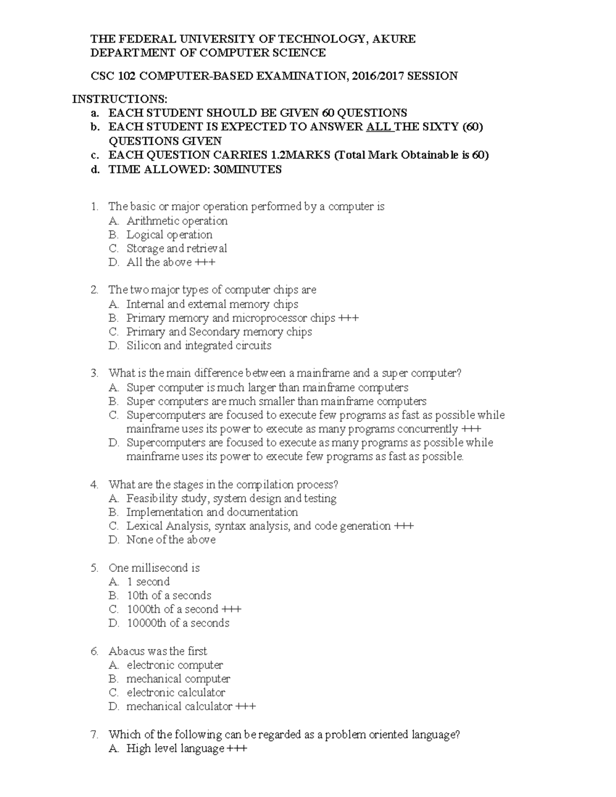 CSC 102 +++ - Computer science questions practice - THE FEDERAL ...