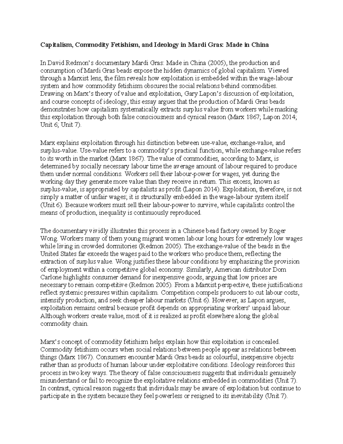 Capitalism and Commodity Fetishism in Mardi Gras: Made in China ...