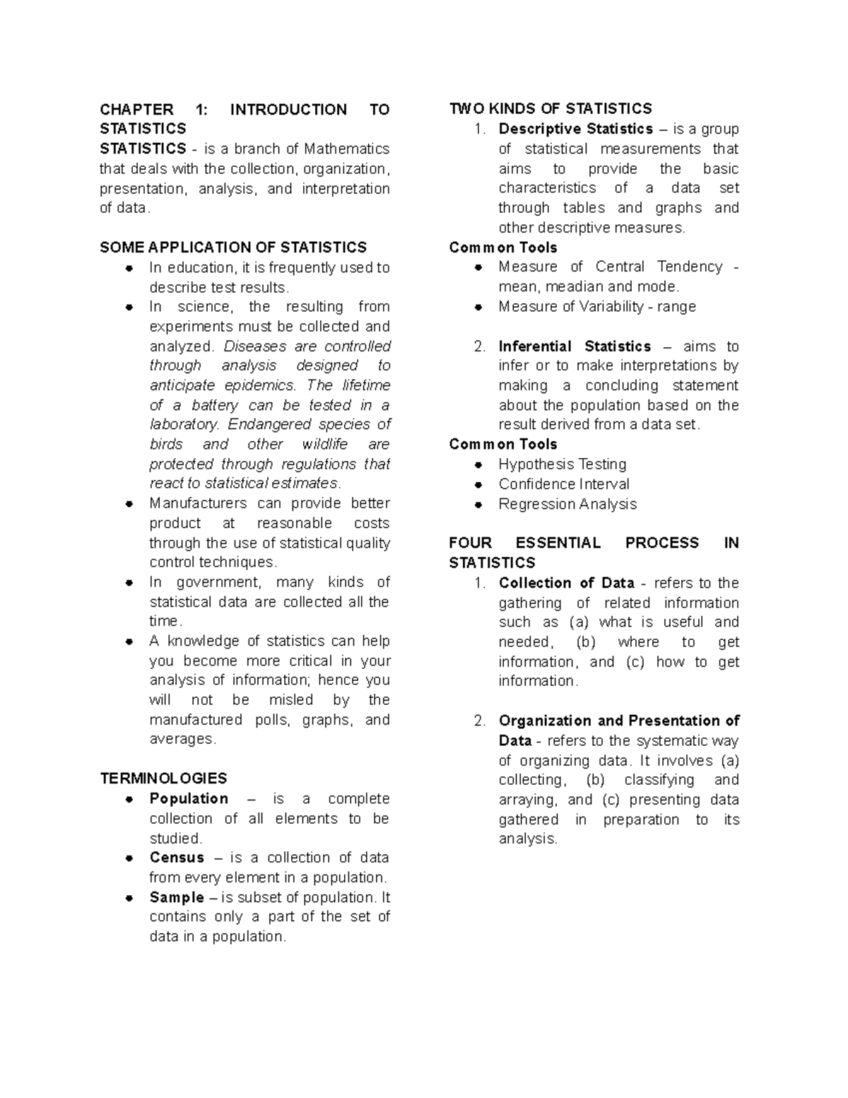 Introduction to Statistics (STAT101) - Chapter 1 Overview - Studocu
