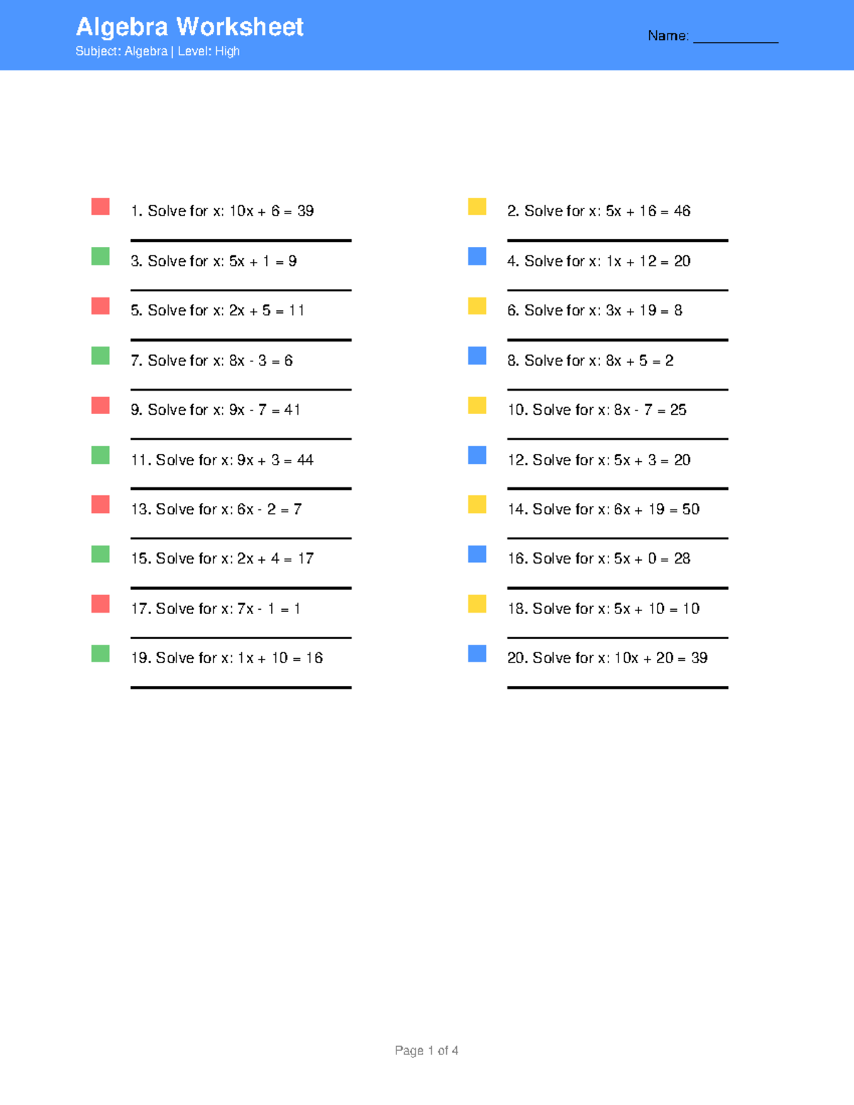 Algebra Worksheet 1: Solving Linear Equations - Studocu