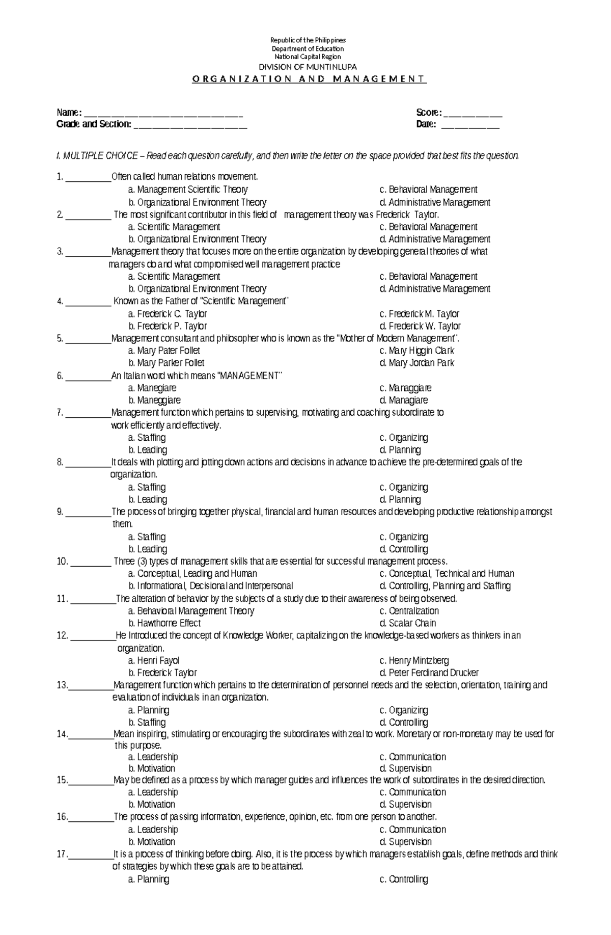 Organization and Management - Midterm Exam Review - NCR Division - Studocu