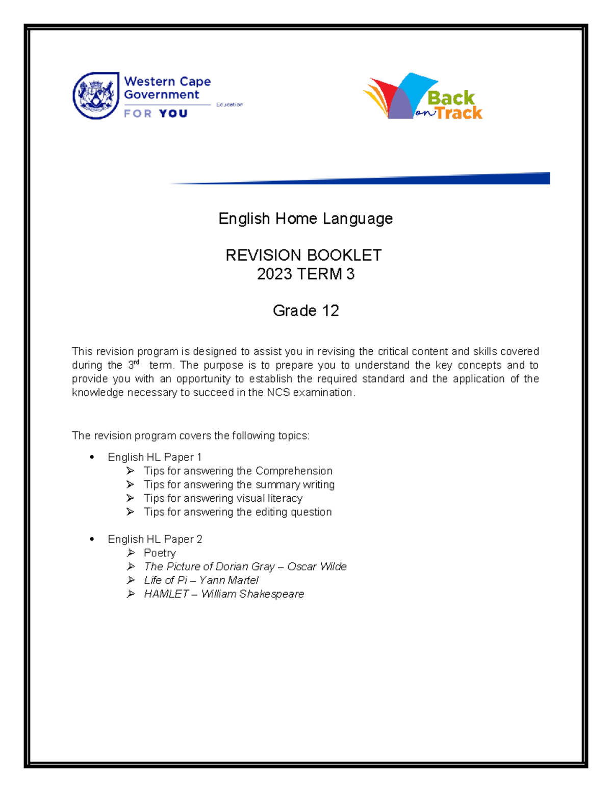 Grade 12 English HL Term 3 Revision Booklet 2023 - Studocu