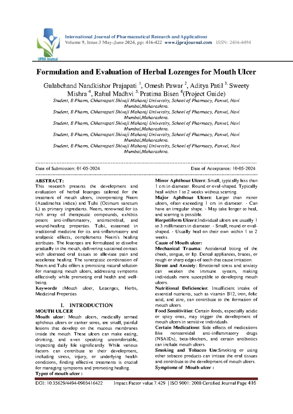 Formulation and Evaluation of Herbal Lozenges for Mouth Ulcer (B Pharm ...